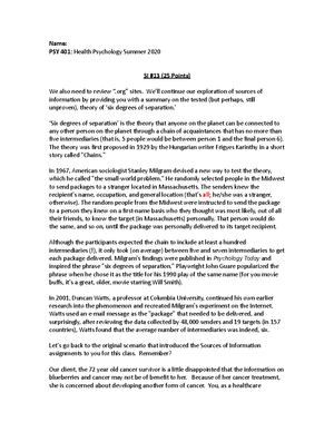 MCOL SI #16 and SI #17 PSY 401 - Name: PSY 401: Health Psychology ...