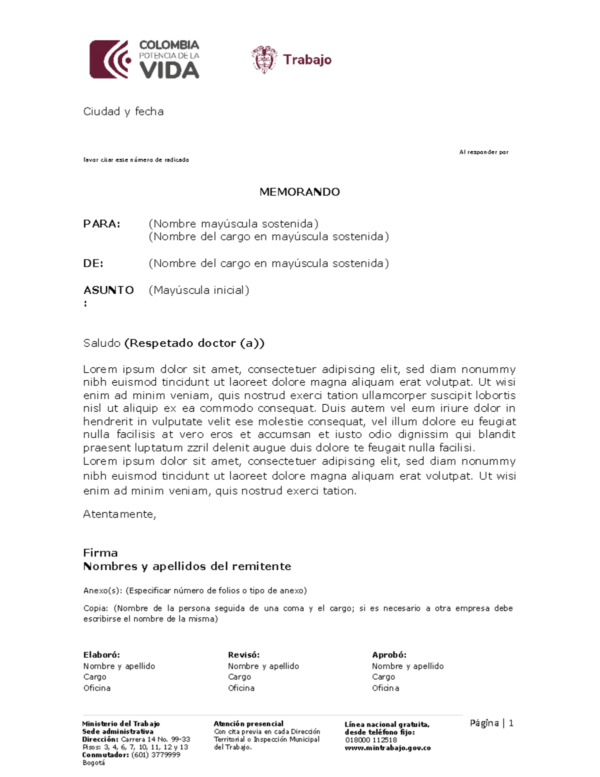 Plantilla Memorando - trabajos - Ministerio del Trabajo Sede ...