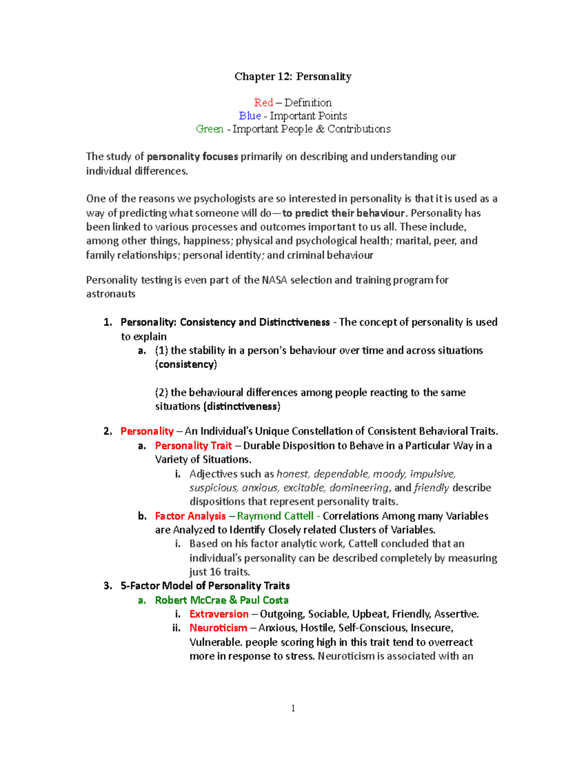 Chapter 12 - textbook notes - Chapter 12: Personality Red – Definition ...