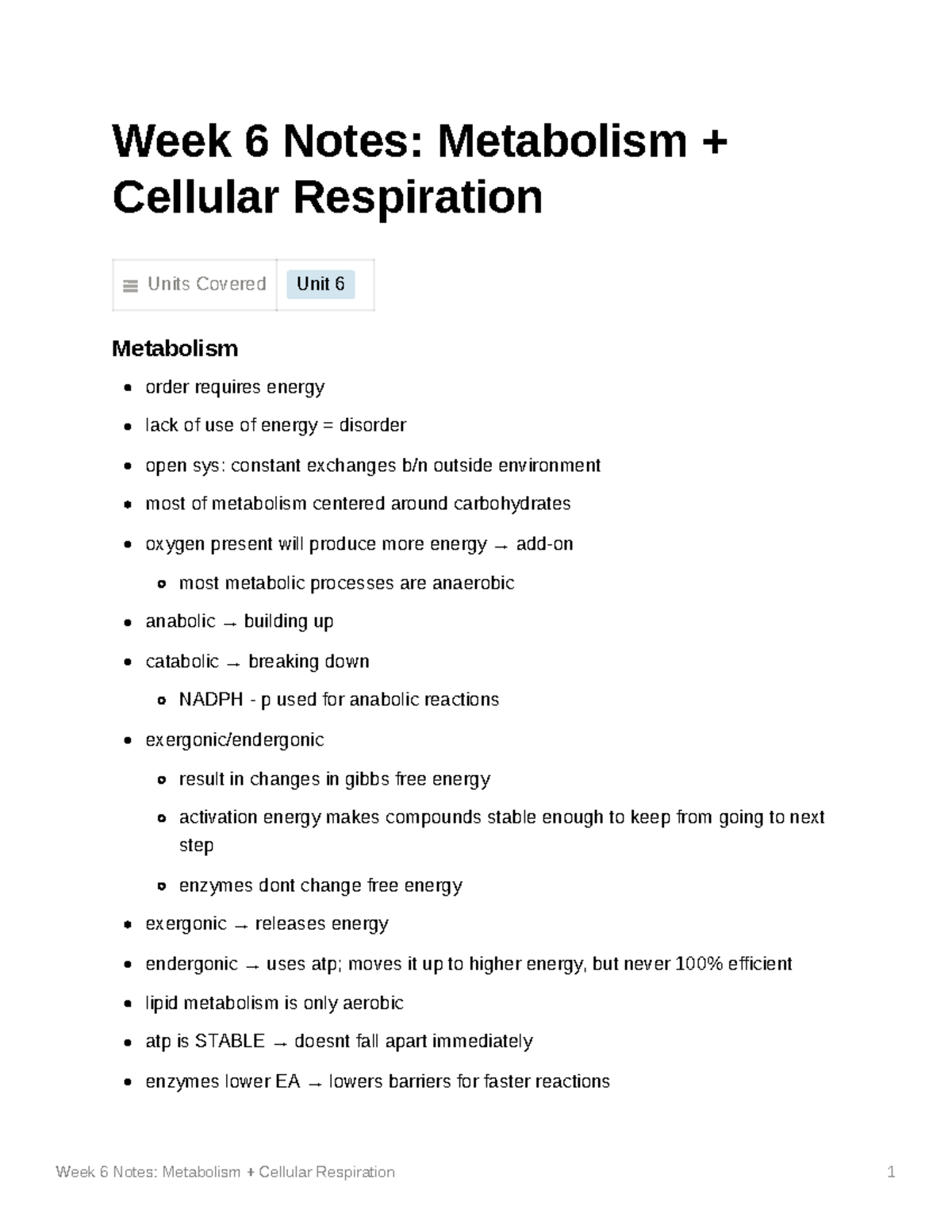 Week 6 Notes Metabolism Cellular Respiration - Week 6 Notes: Metabolism ...