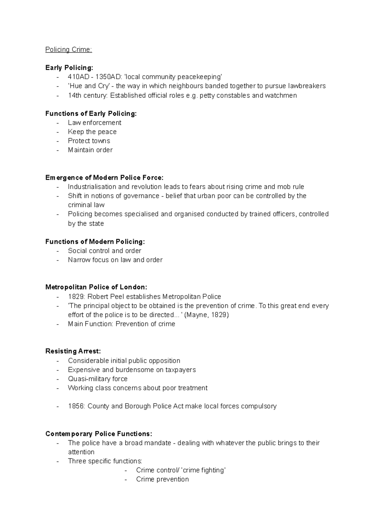 12 - Policing Crime - Lecture notes 12 - Policing Crime: Early Policing ...