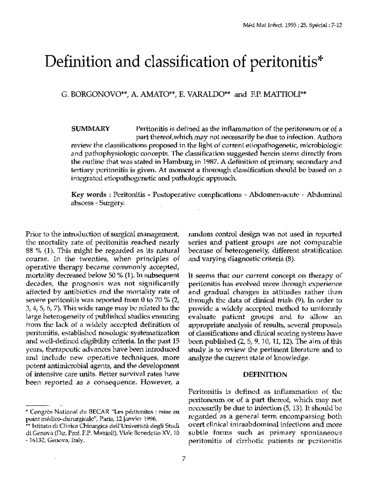 Peritonitis - Mdd Mal Infect. 1995 ; 25, Spdcial : 7- Definition and ...