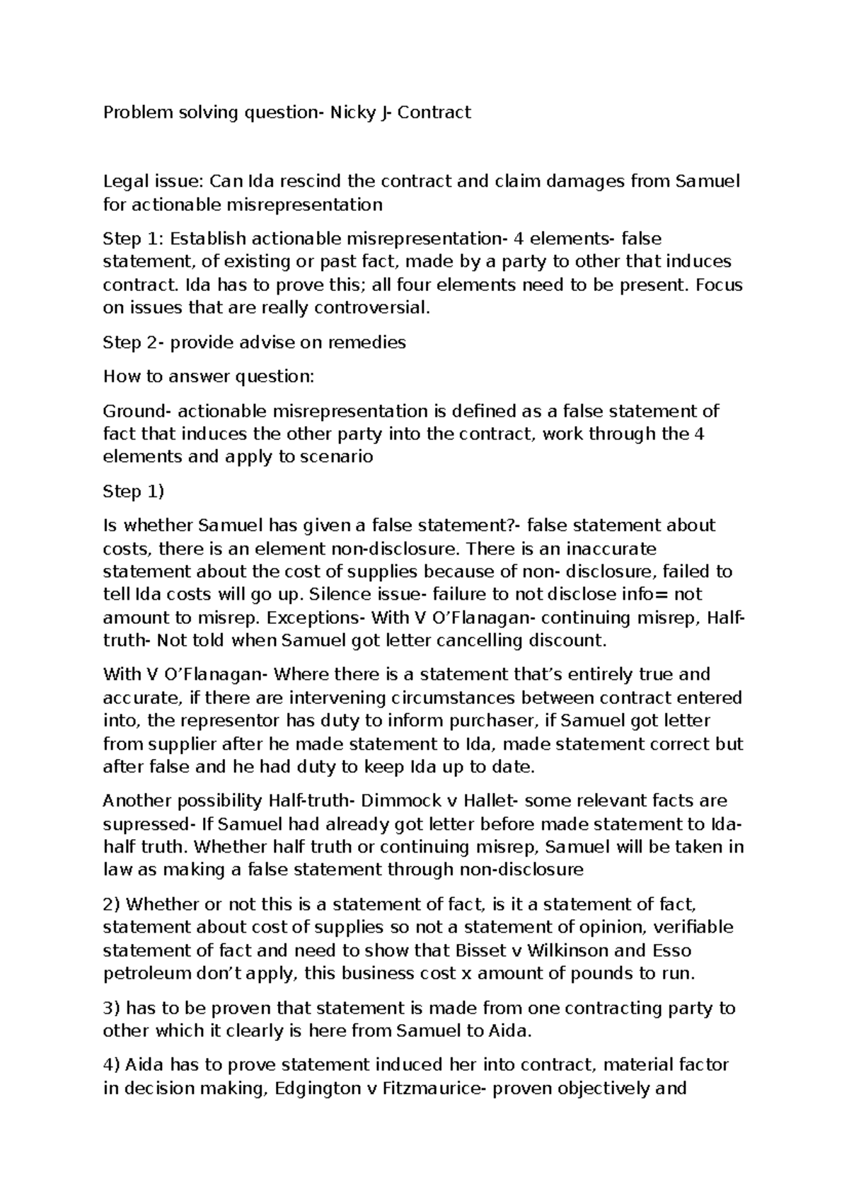 Problem solving guide Nicky Contract - Problem solving question- Nicky J- Contract Legal issue ...