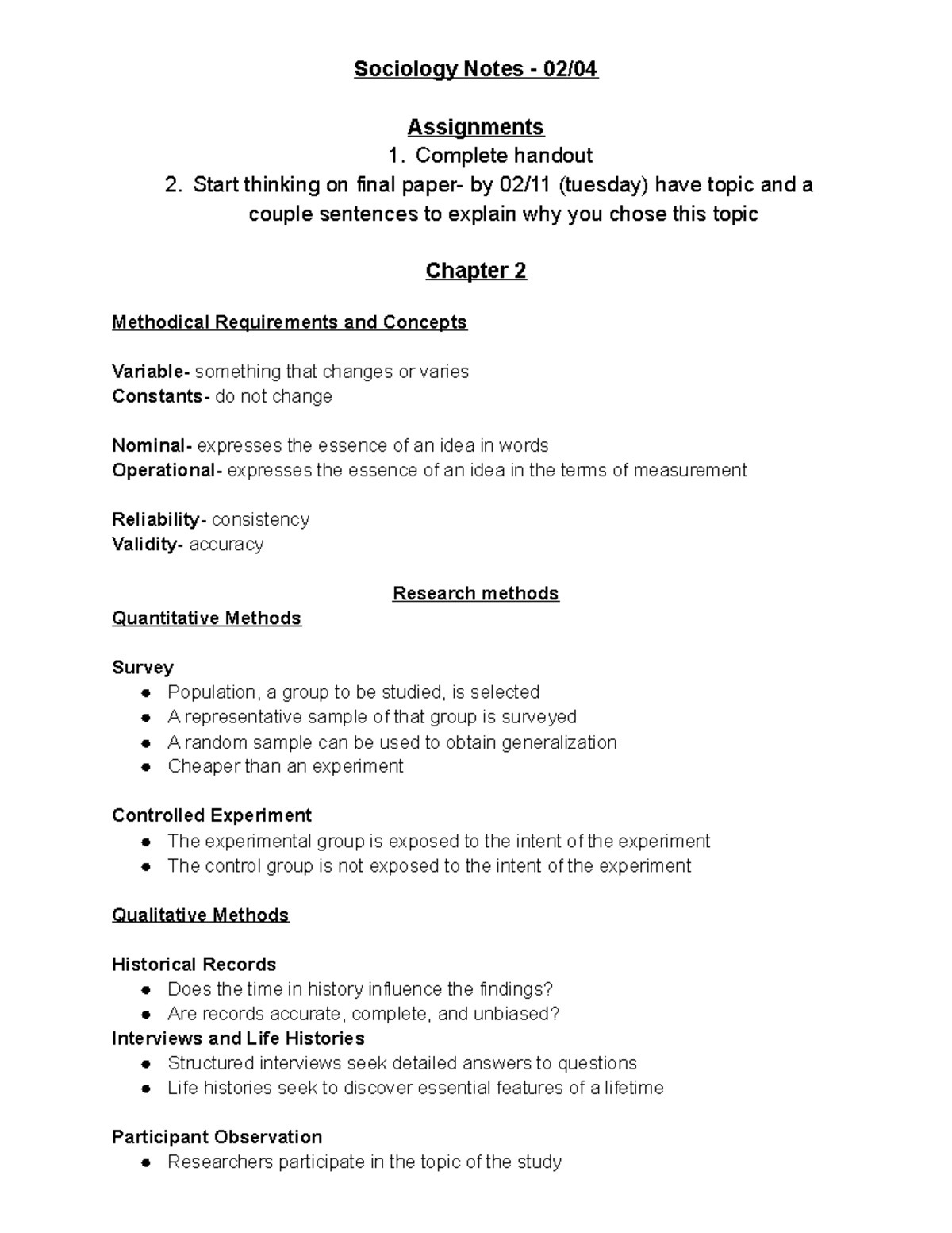 Sociology Notes - 02 04 - Sociology Notes - 02/ Assignments 1. Complete ...