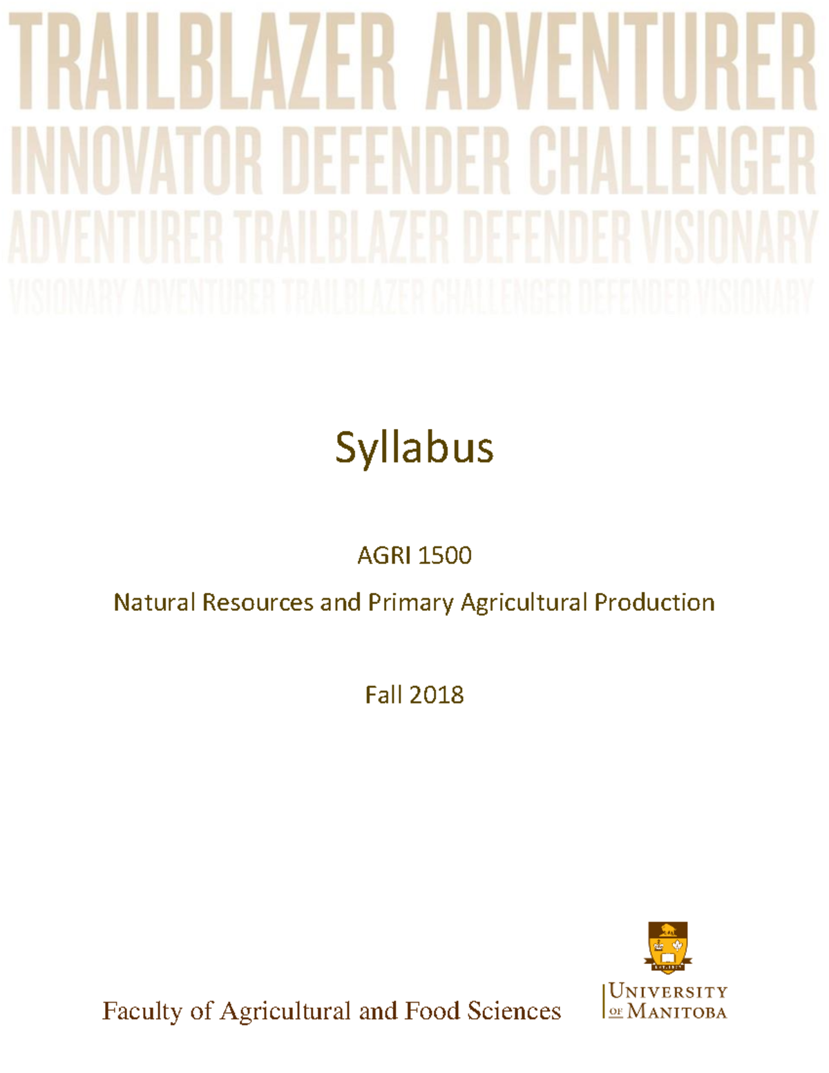 Syllabus - AGRI 1500 - fall 2018 - Faculty of Agricultural and Food ...