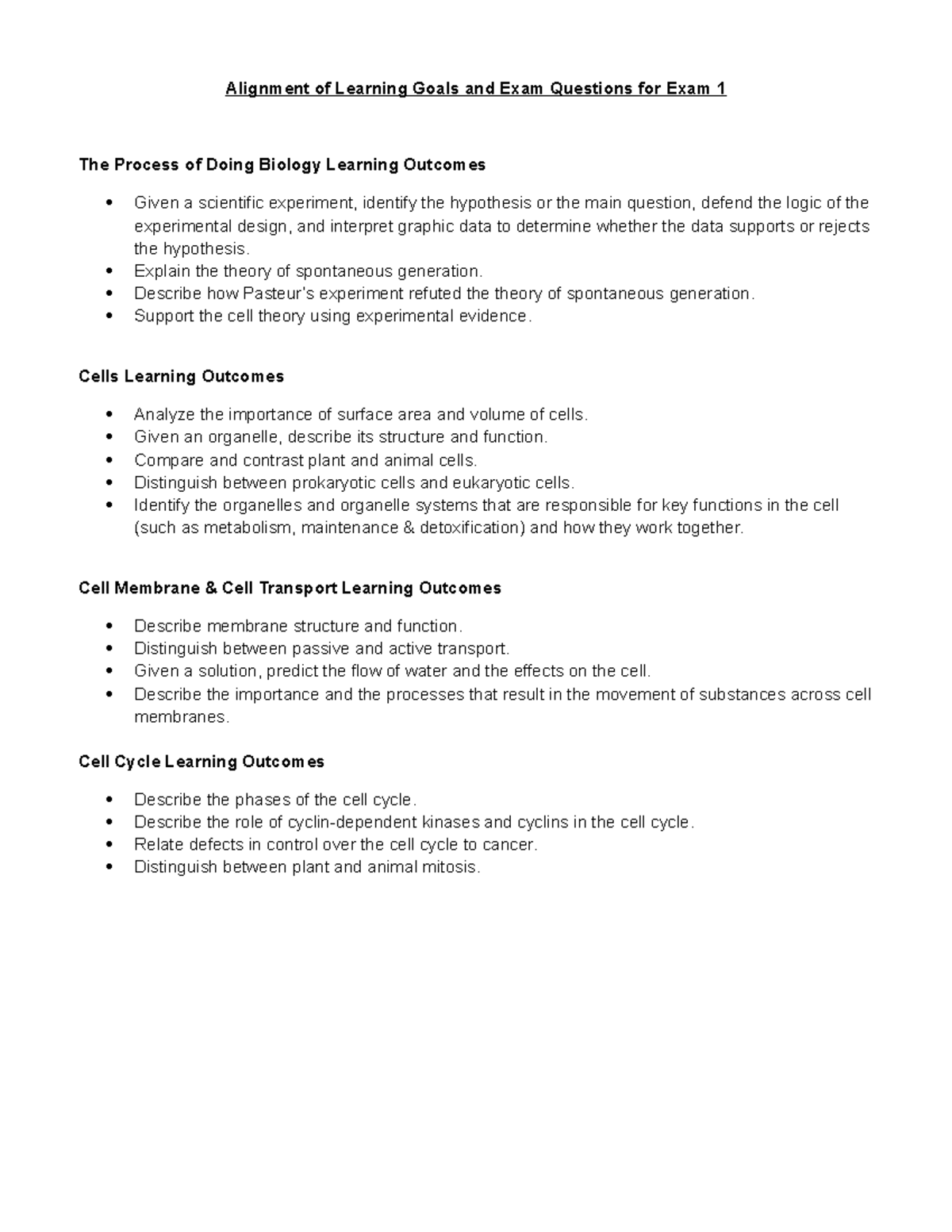 BIO 181 Exam 1 Study Guide - Alignment of Learning Goals and Exam ...