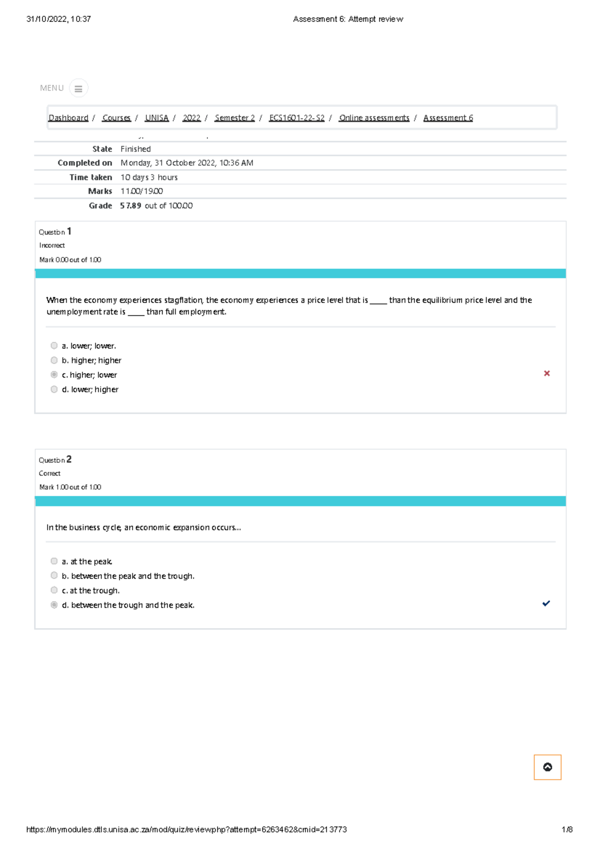 Assessment 6 Attempt review - Started on Friday, 21 October 2022, 7:13 ...