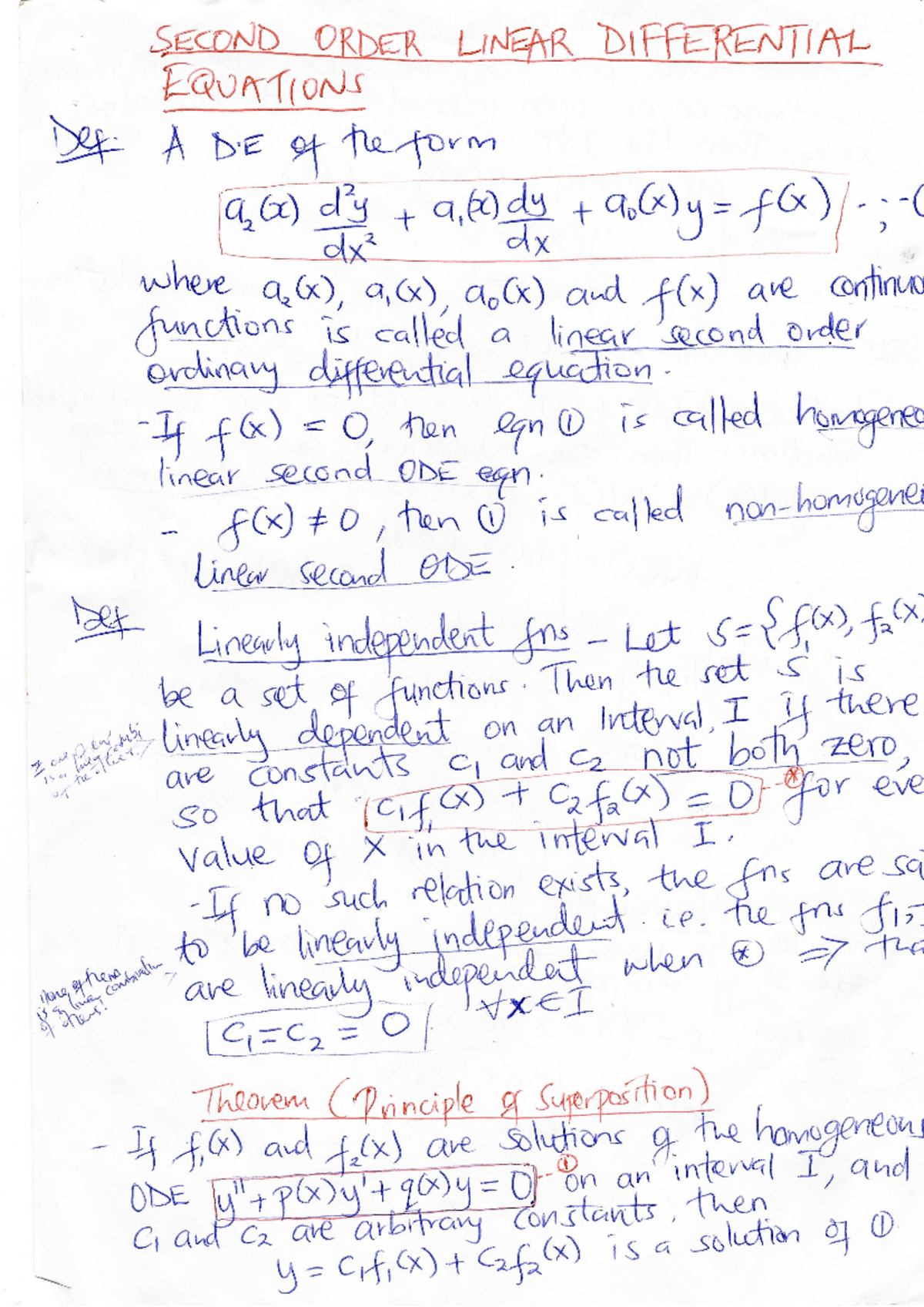 Notes 5 - noted - SECOND ORDER LINEAR DIFFERENTIAL EQUATIONS Def A D of ...