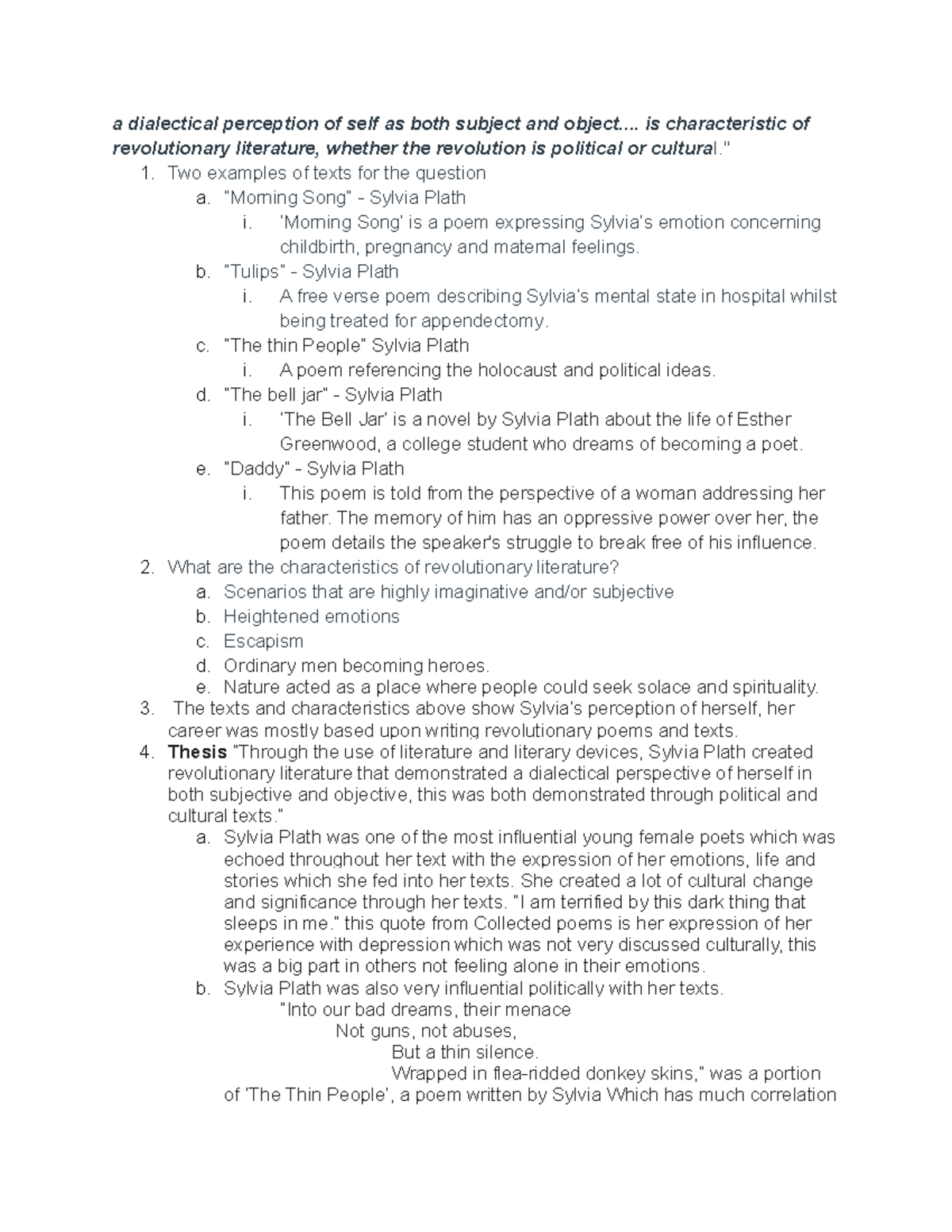 ADV ENG YR 11 - Sylvia Plath Critical Essay Plan - a dialectical ...