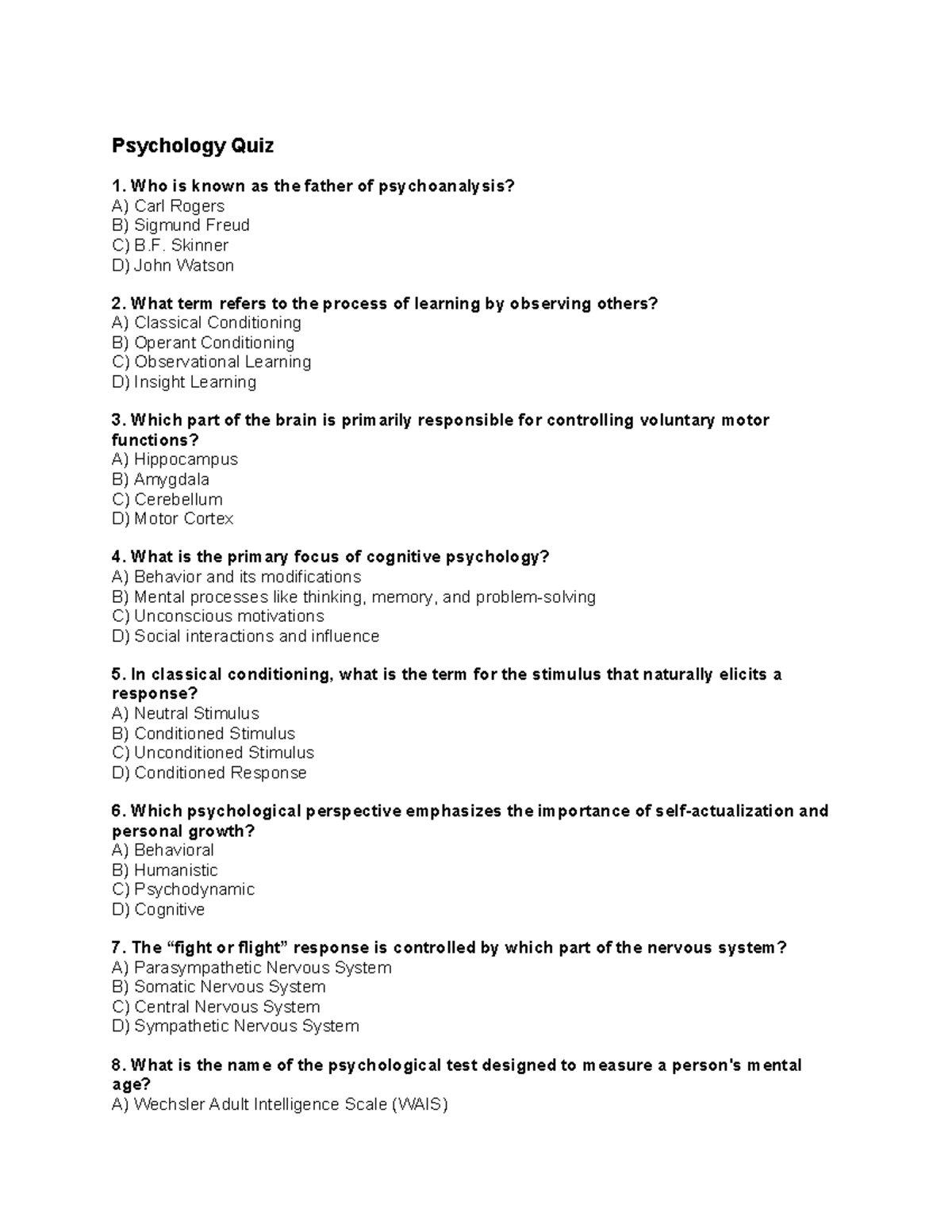 Psychology Quiz - psych quiz - Psychology Quiz Who is known as the ...