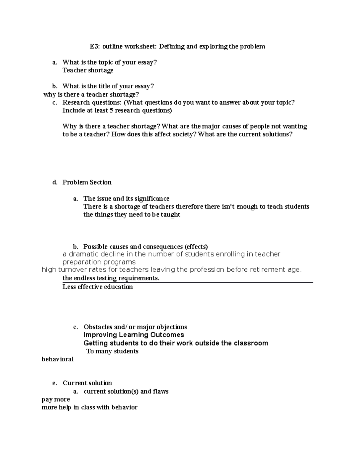 E3 problem-solution outline worksheet 1 - ENGL 1302 - LSC - Studocu