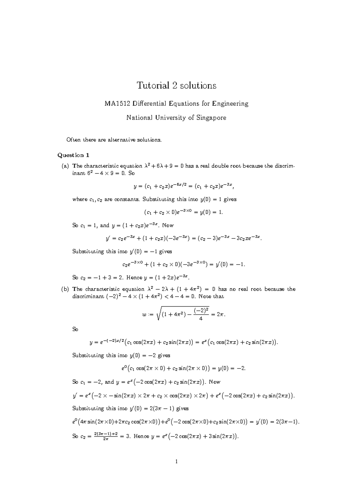 Tut2soln - Tutorial 2 solutions MA1512 Differential Equations for ...