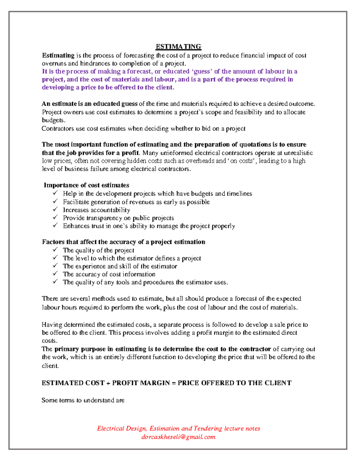 Estimation and Tendering ... kellys copy - Electrical Design ...