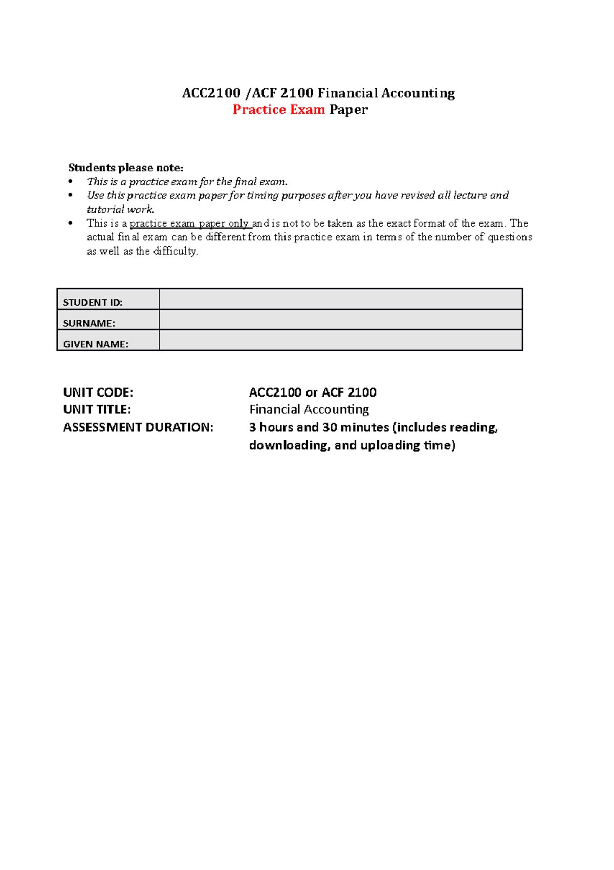 ACC ACF 2100 Practice Exam Paper - ADLM01 - RMIT University - Studocu