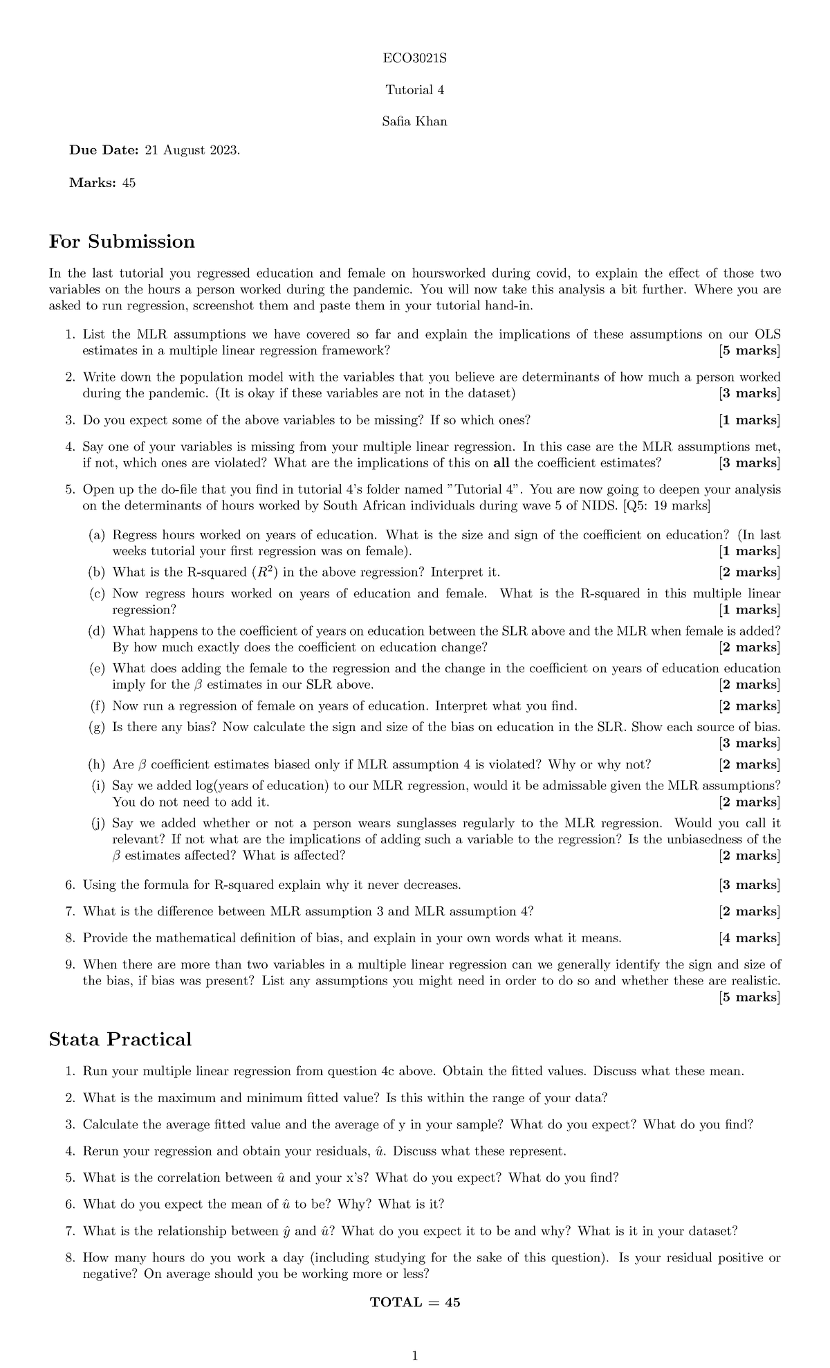 ECO3021S 2023 Tutorial 4 - ECO3021S Tutorial 4 Safia Khan Due Date: 21 ...