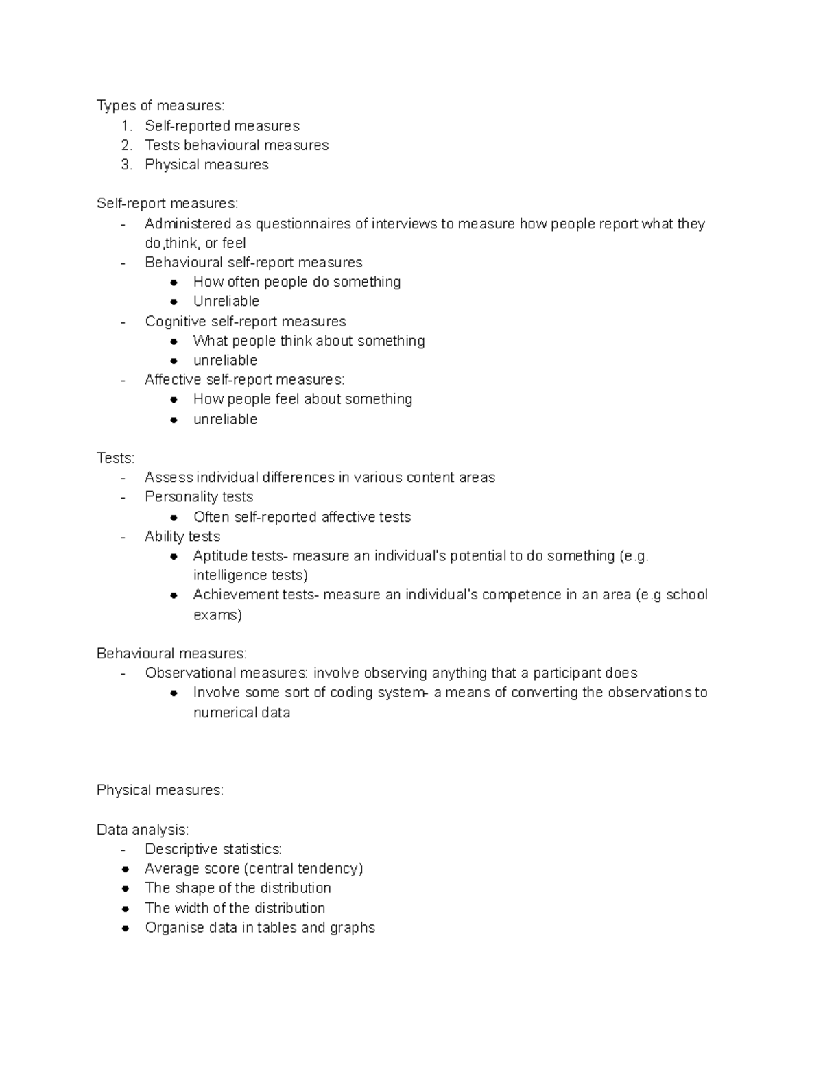 Measuring mind Notes - Types of measures: 1. Self-reported measures 2 ...