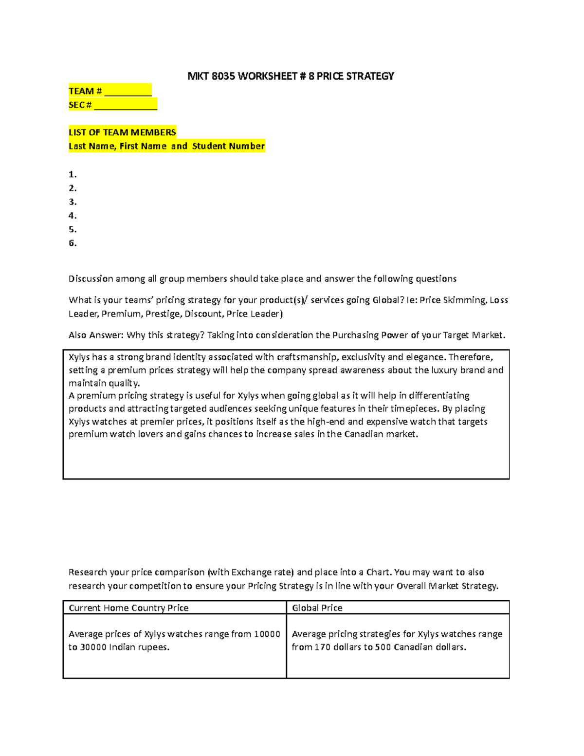 Worksheet #8 - Pricing Strategy + Definitions Final - MKT 8035 ...