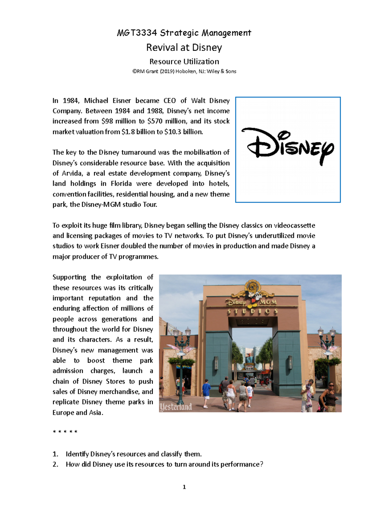 MGT3334 Disney - resource utilization - MGT3334 Strategic Management ...
