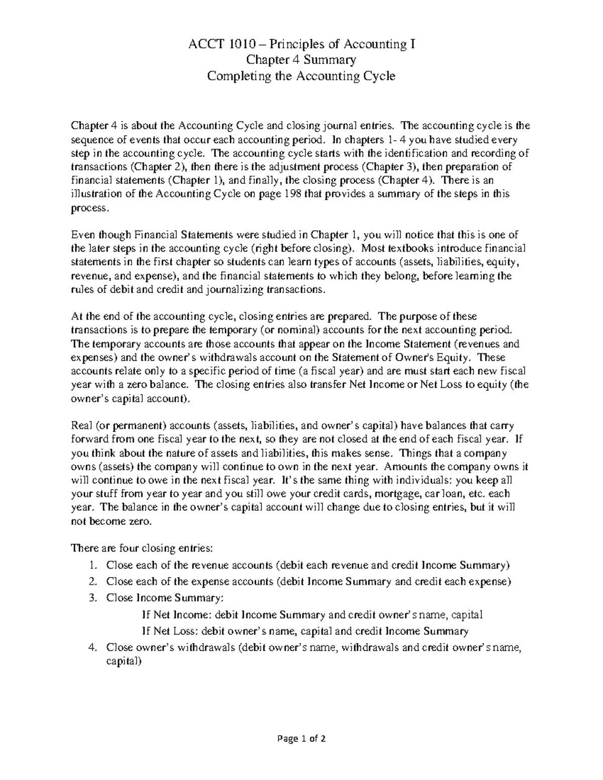 Chapter 4 Summary - ACCT 1010 – Principles of Accounting I Chapter 4 ...