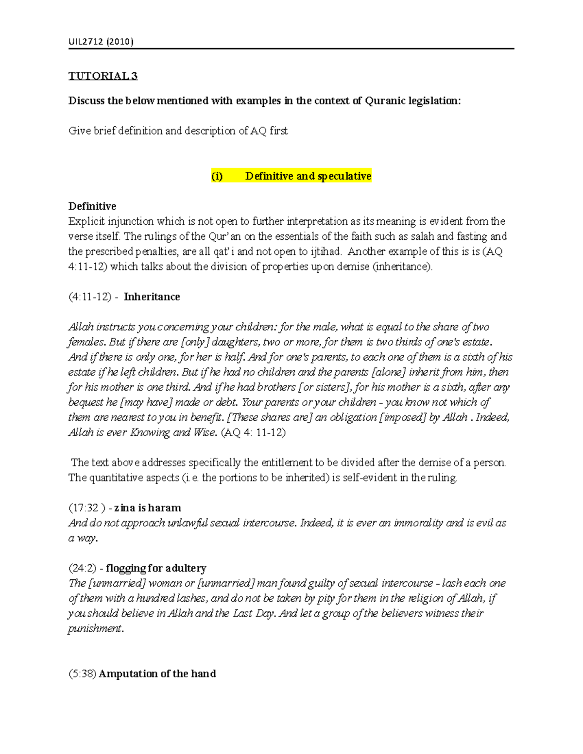 Tutorial 3 AL- Quran - TUTORIAL 3 Discuss the below mentioned with ...