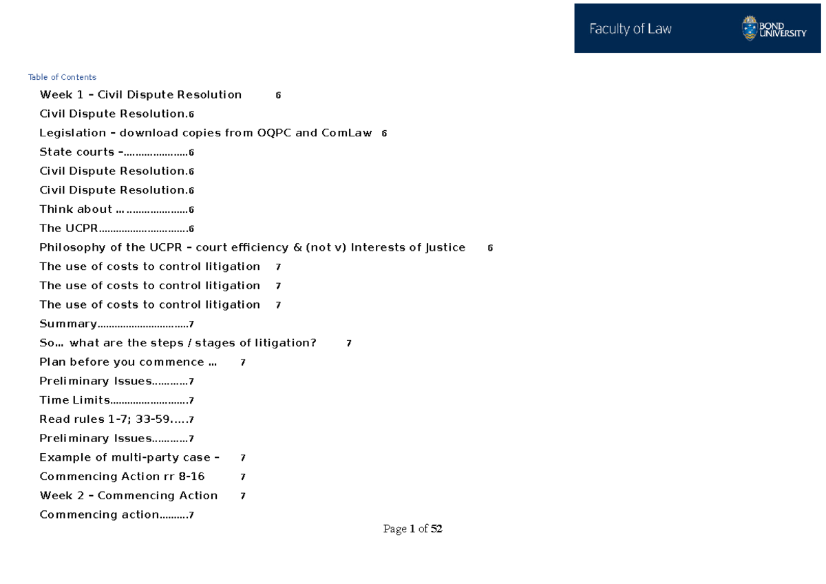 this is a civil dispute resolution template - Table of Contents Week 1 ...