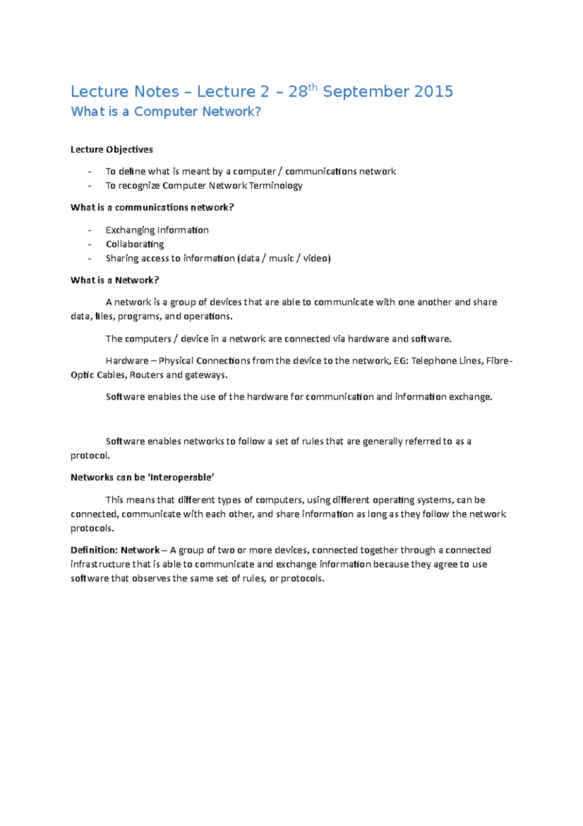 What is a computer network? - Lecture Notes – Lecture 2 – 28th ...
