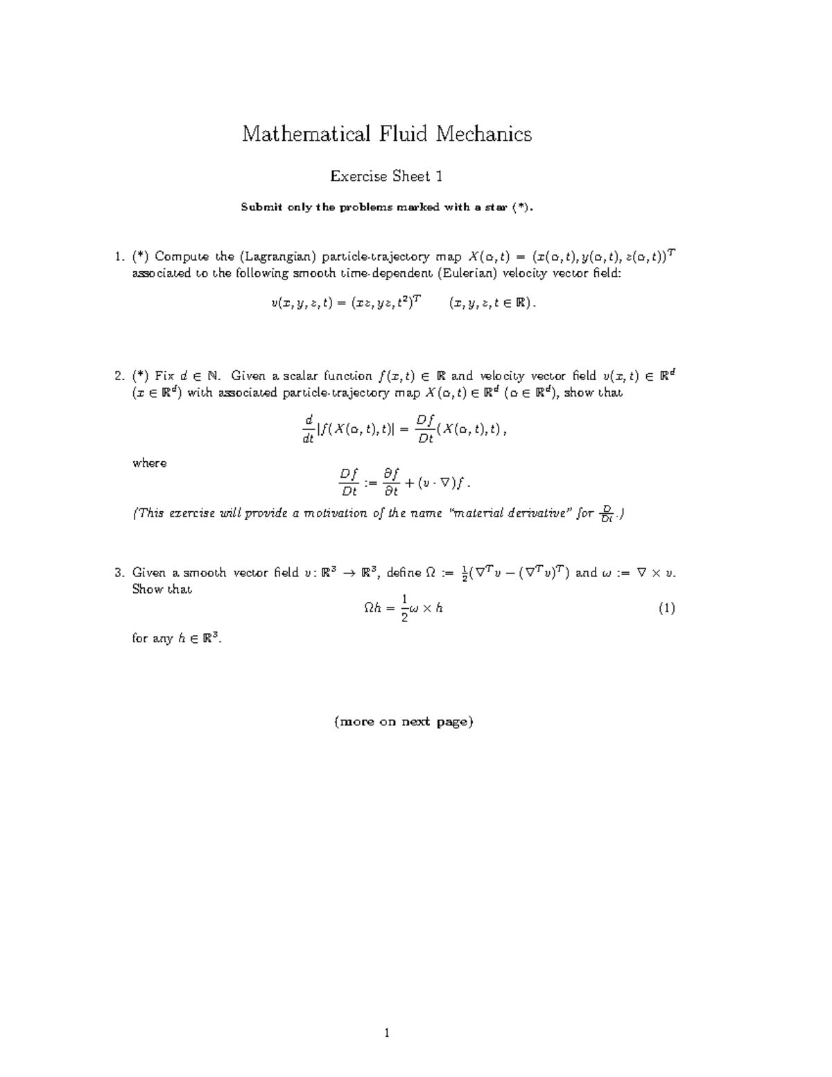 WS1 2023 - Worksheet 1 - Mathematical Fluid Mechanics Exercise Sheet 1 ...