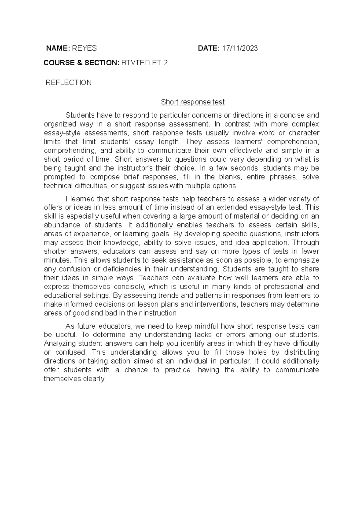 14.Short response test - NAME: REYES DATE: 17/11/ COURSE & SECTION ...
