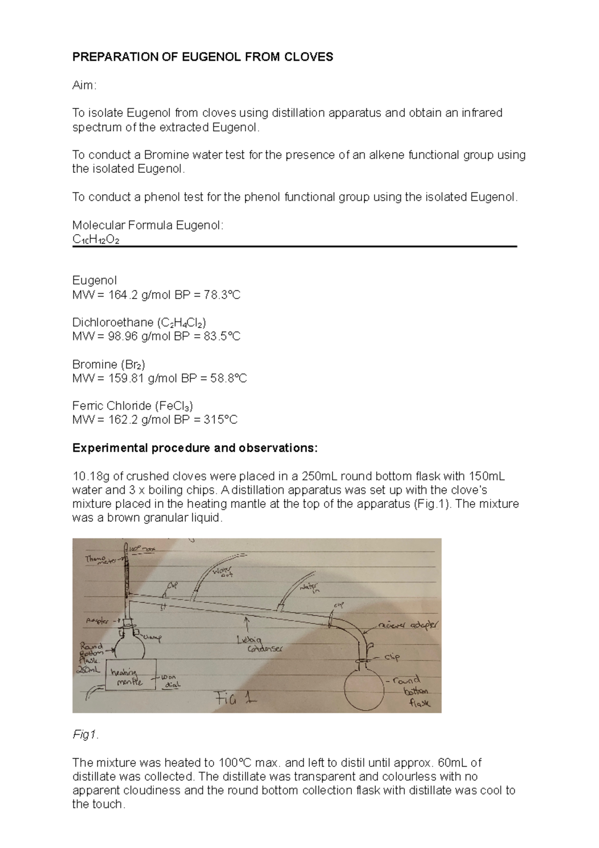 Lab1 - PREPARATION OF EUGENOL FROM CLOVES SCC2211 Organic Chemistry - PREPARATION OF EUGENOL ...