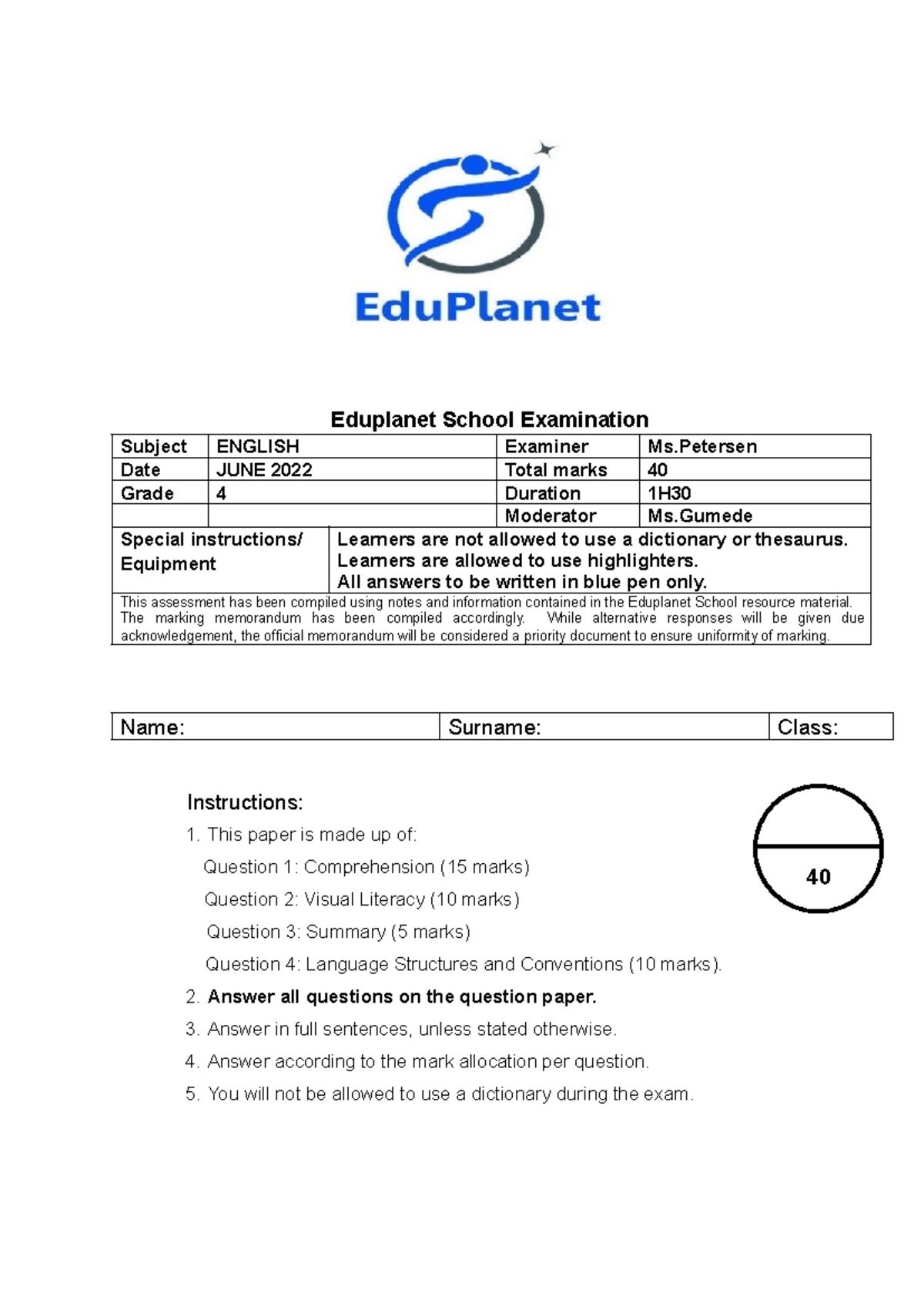 Eduplanet School English June Examination gr 4 - Eduplanet School Examination Subject ENGLISH ...