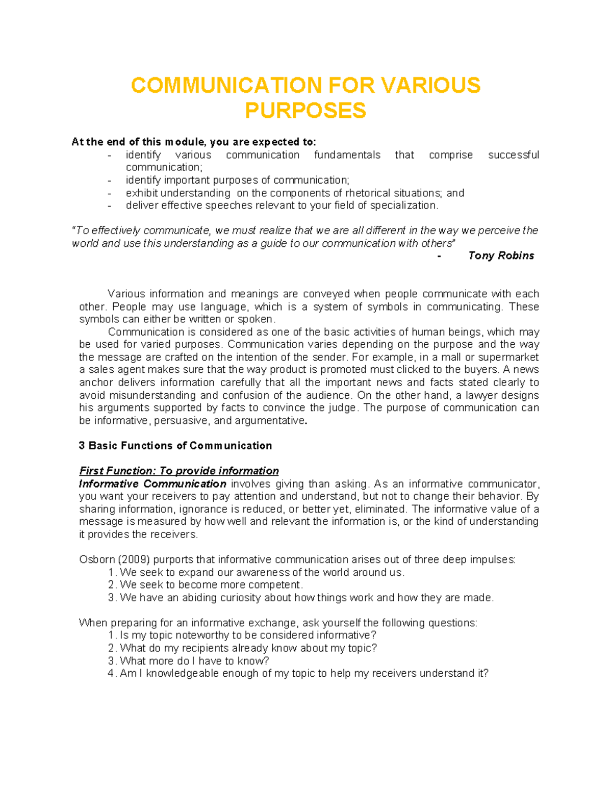 Communication FOR Various Purposes - COMMUNICATION FOR VARIOUS PURPOSES ...