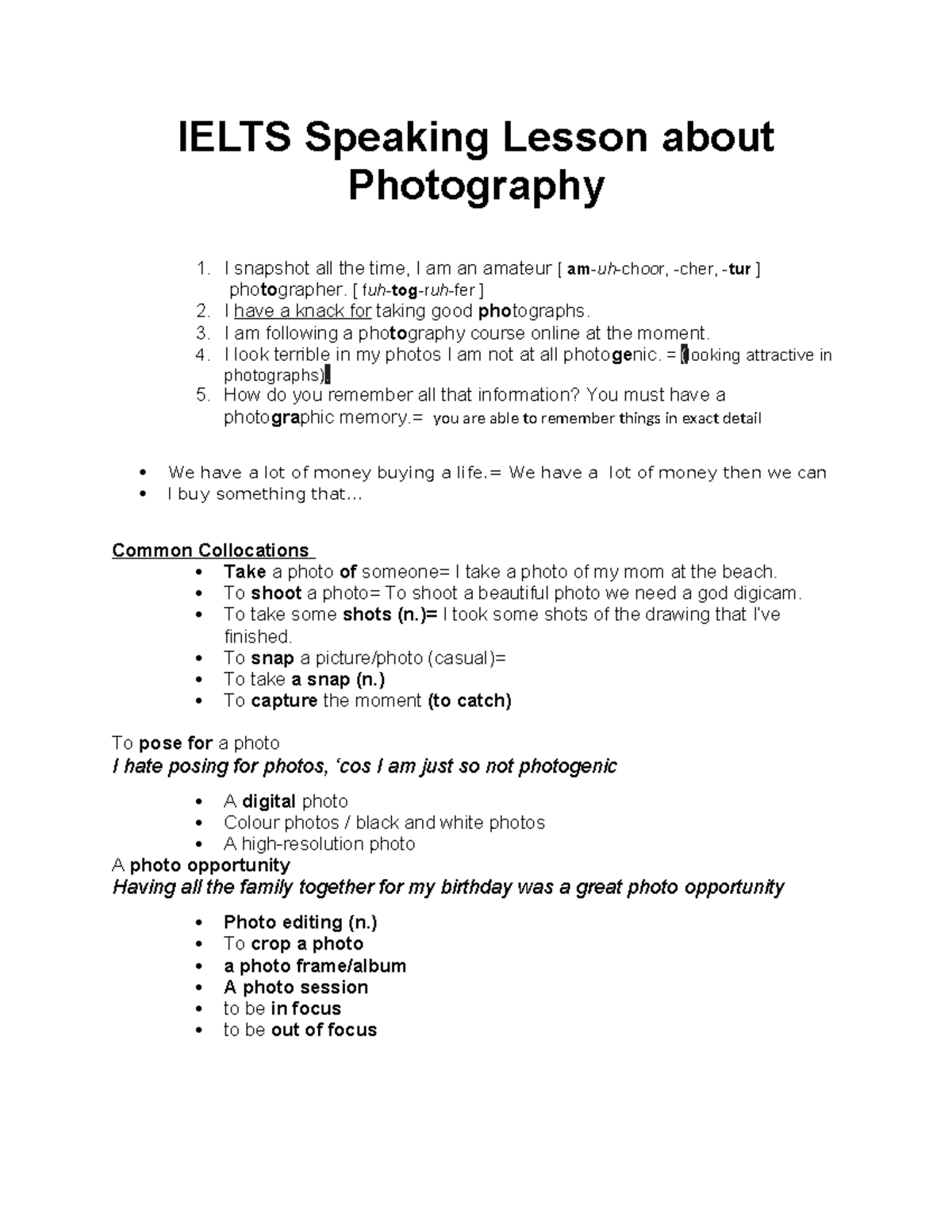 Ielts Speaking Lesson about Photography - IELTS Speaking Lesson about ...