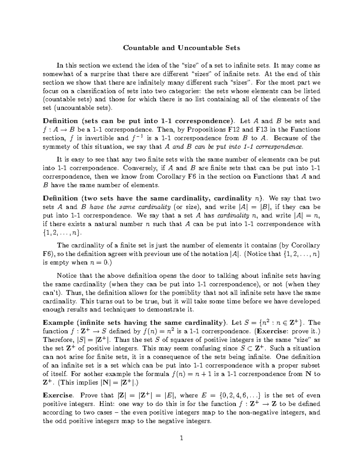 Cardinality - Set - Countable and Uncountable Sets In this section we extend the idea of the ...