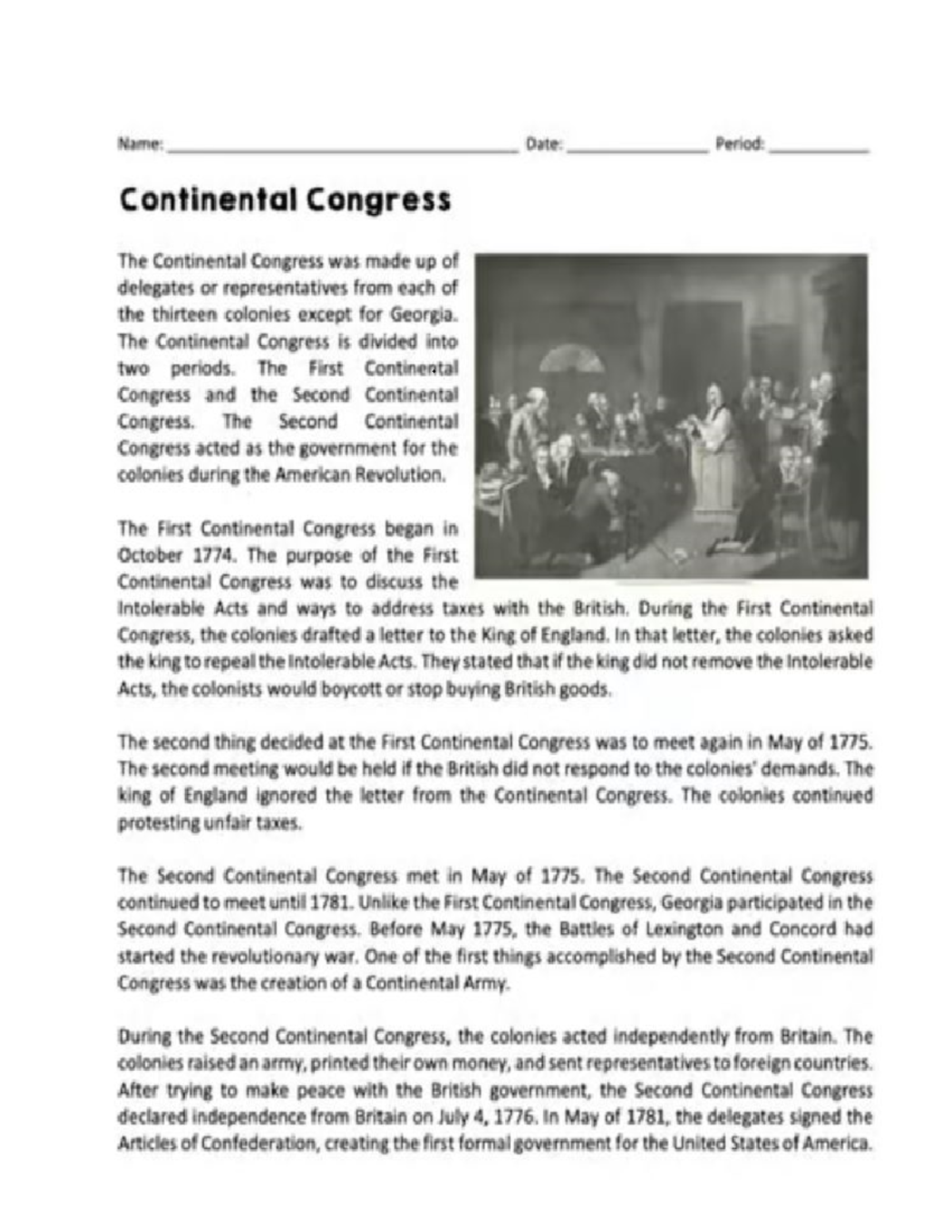 Continenal Congress - Complete the worksheet - Name: Date: Period ...
