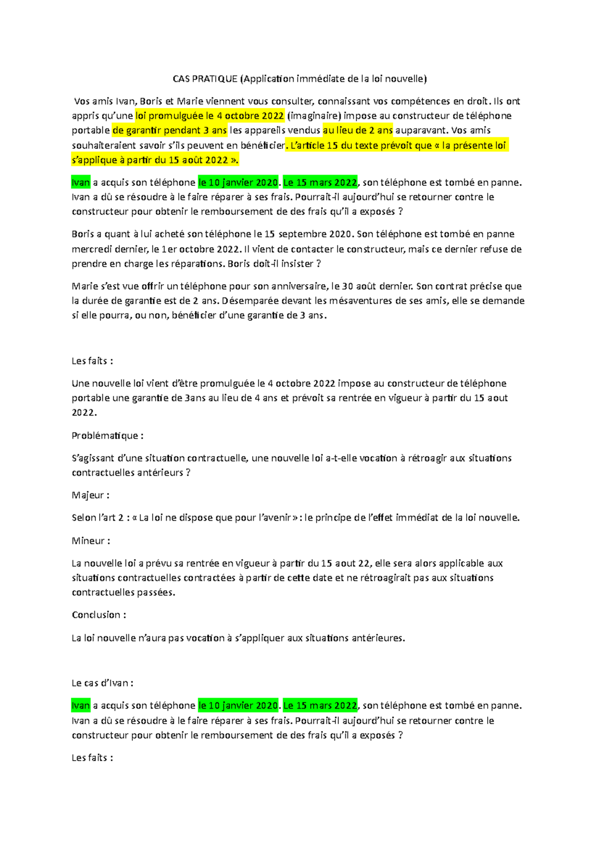 Cas pratique TD5 - donné en cours - CAS PRATIQUE (Application immédiate ...
