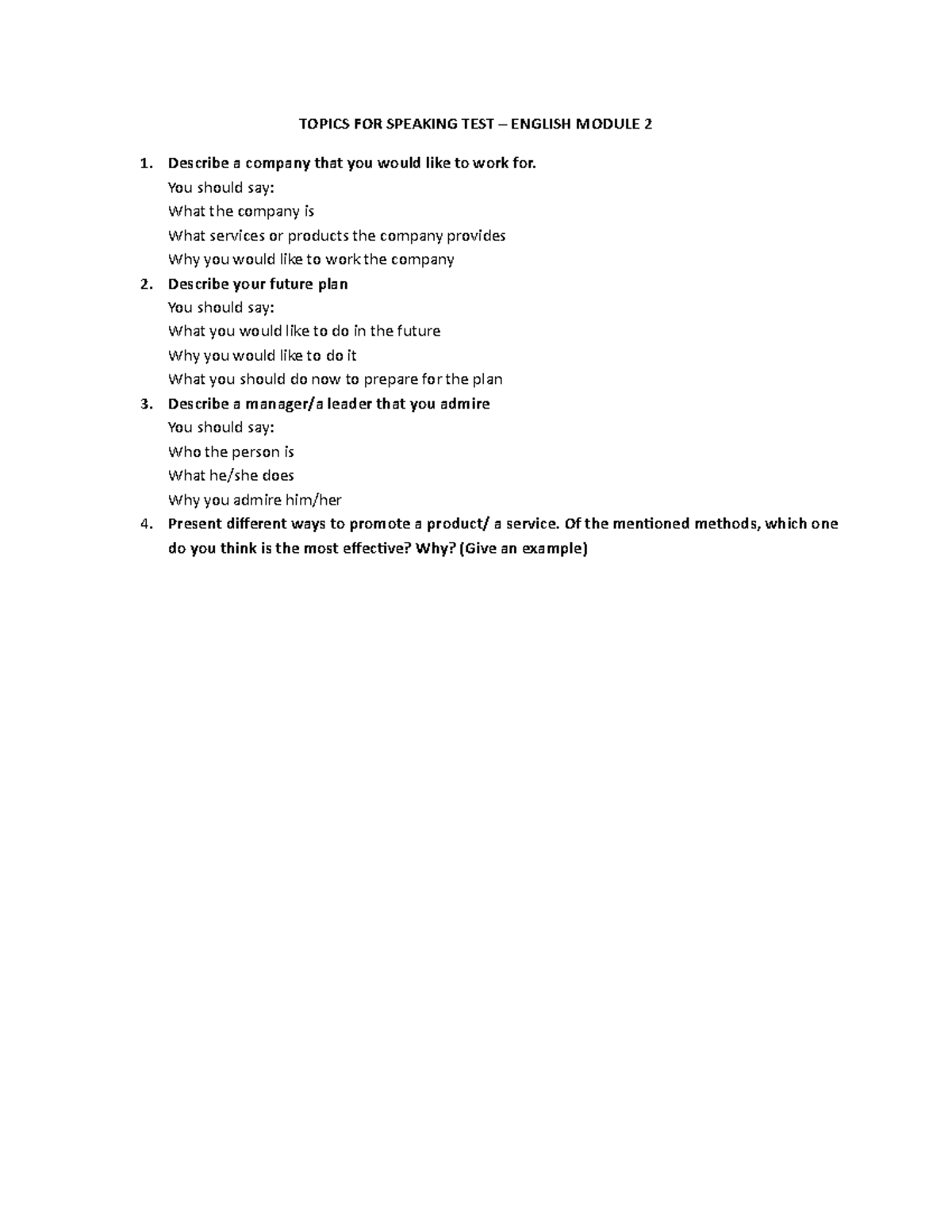 Topics FOR Speaking TEST - TOPICS FOR SPEAKING TEST – ENGLISH MODULE 2 ...