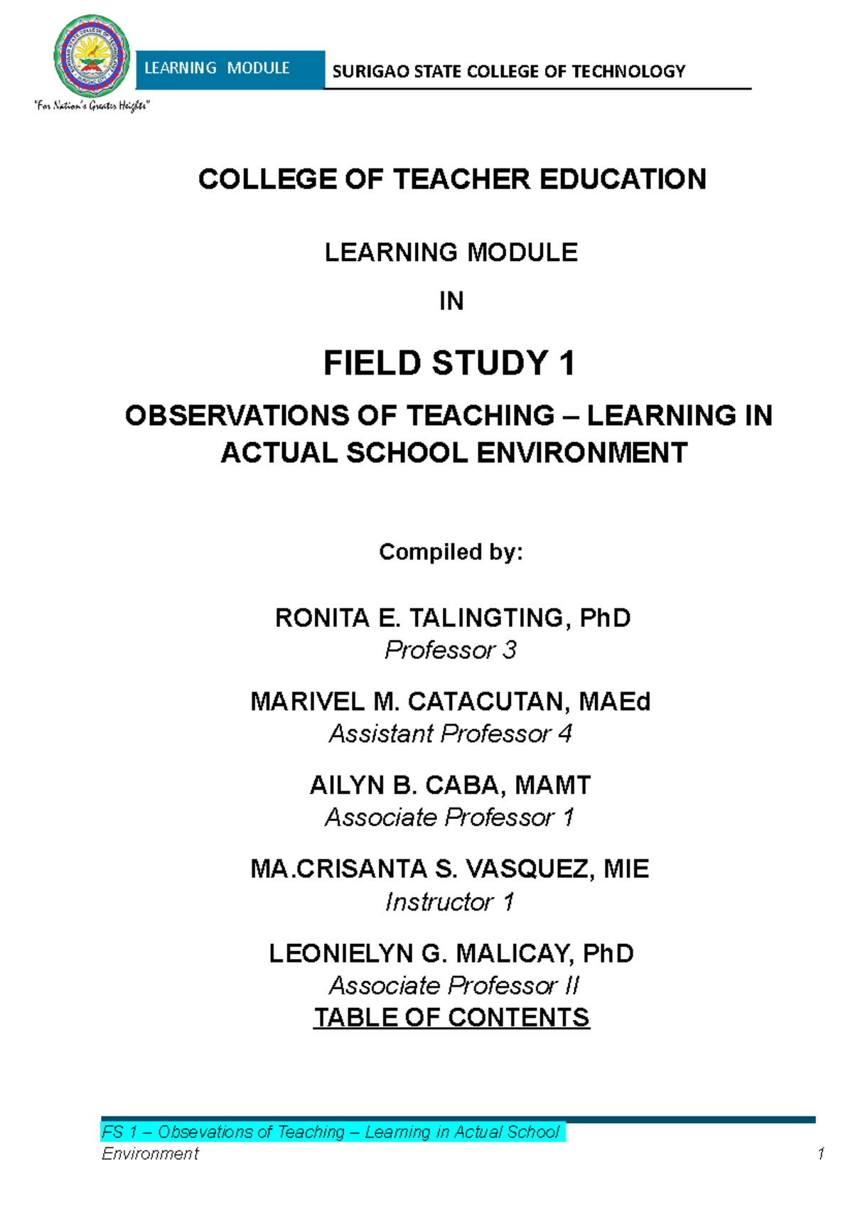 Fs 1 Module Notes In Fs 1 College Of Teacher Education Learning