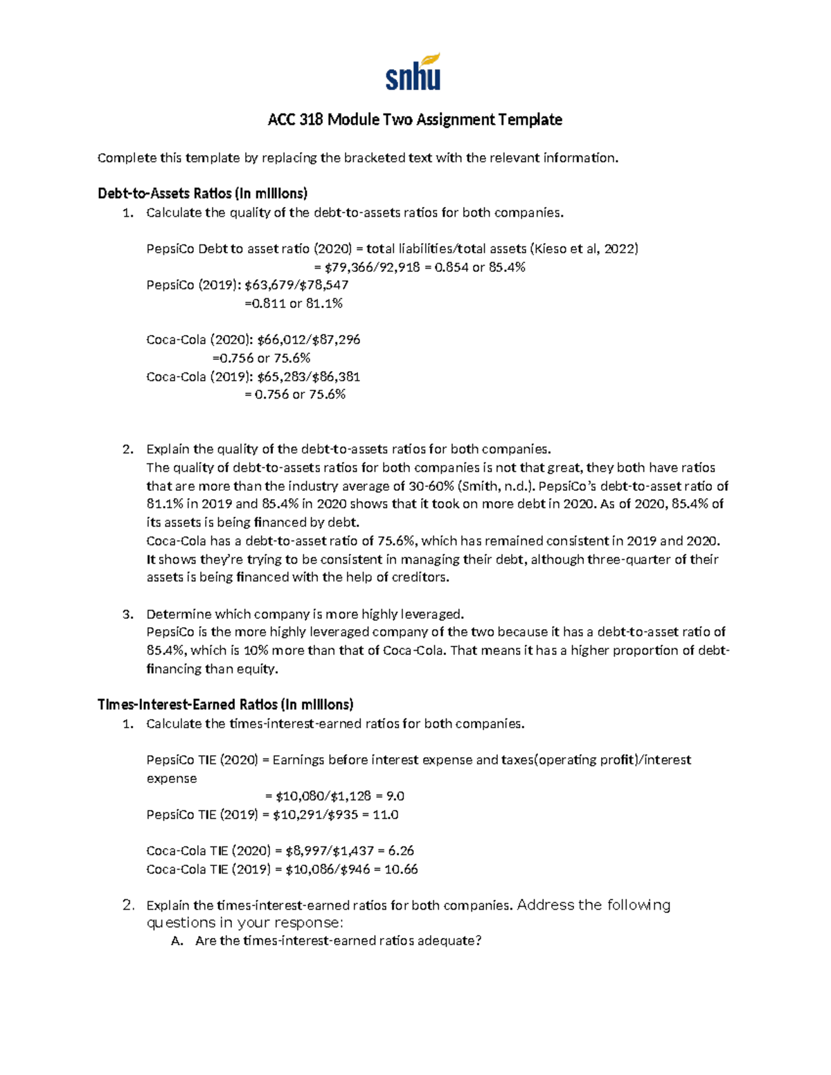 ACC 318 Module Two Assignment - Debt-to-Assets Ratios (in millions) 1 ...