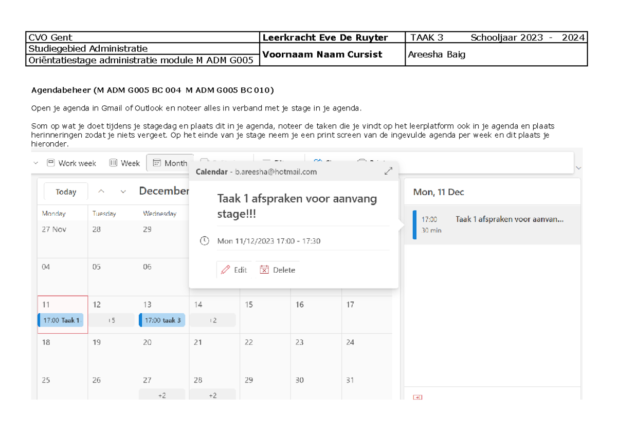Taak-3-agendabeheer - voor pam stage - CVO Gent Leerkracht Eve De Ruyter TAAK 3 Schooljaar 2023 ...
