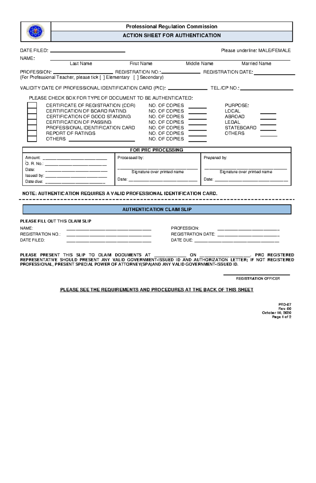 PRD-07 Action Sheet for Authentication - DATE FILED: Please underline ...