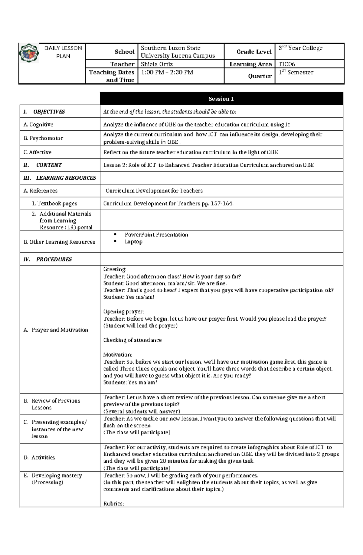 Detailed LP (ICT) - lesson plan sample only** - DAILY LESSON PLAN ...