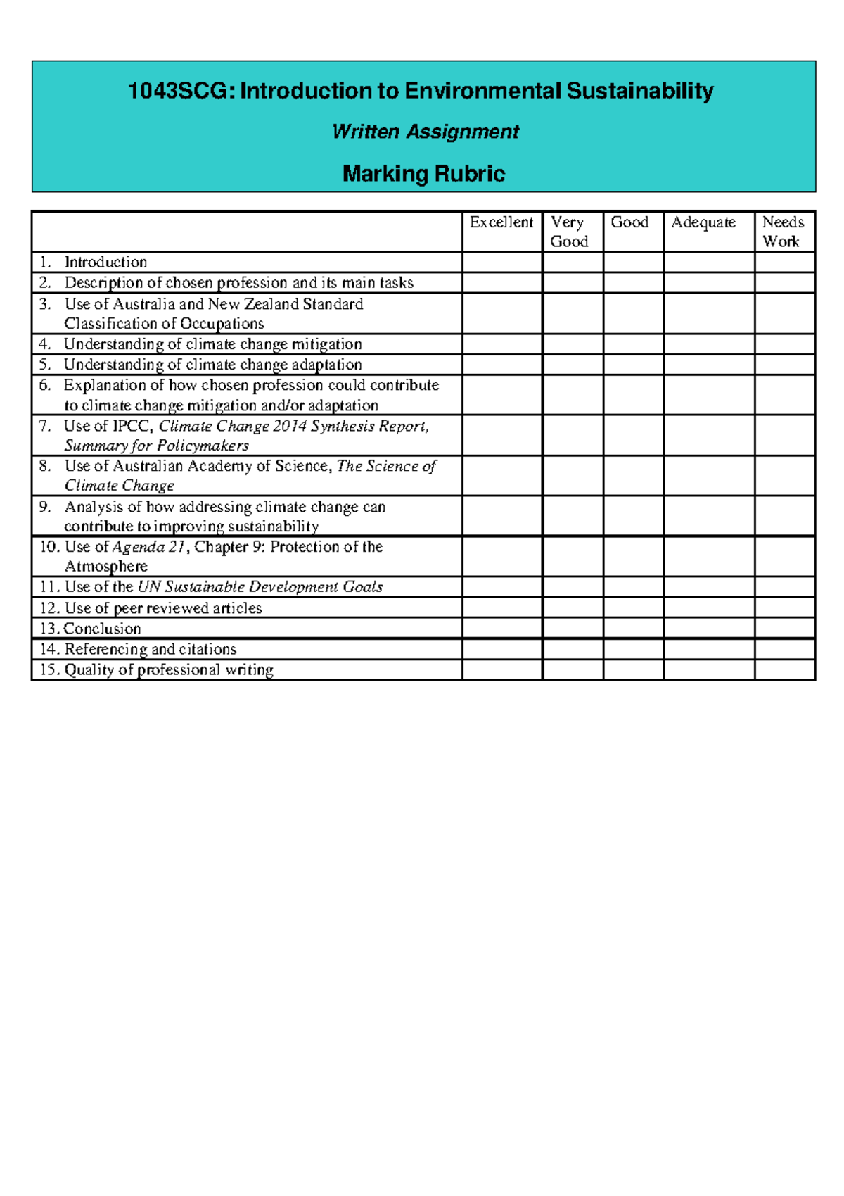 1043SCG Assignment Marking Rubric - 1043SCG: Introduction to ...