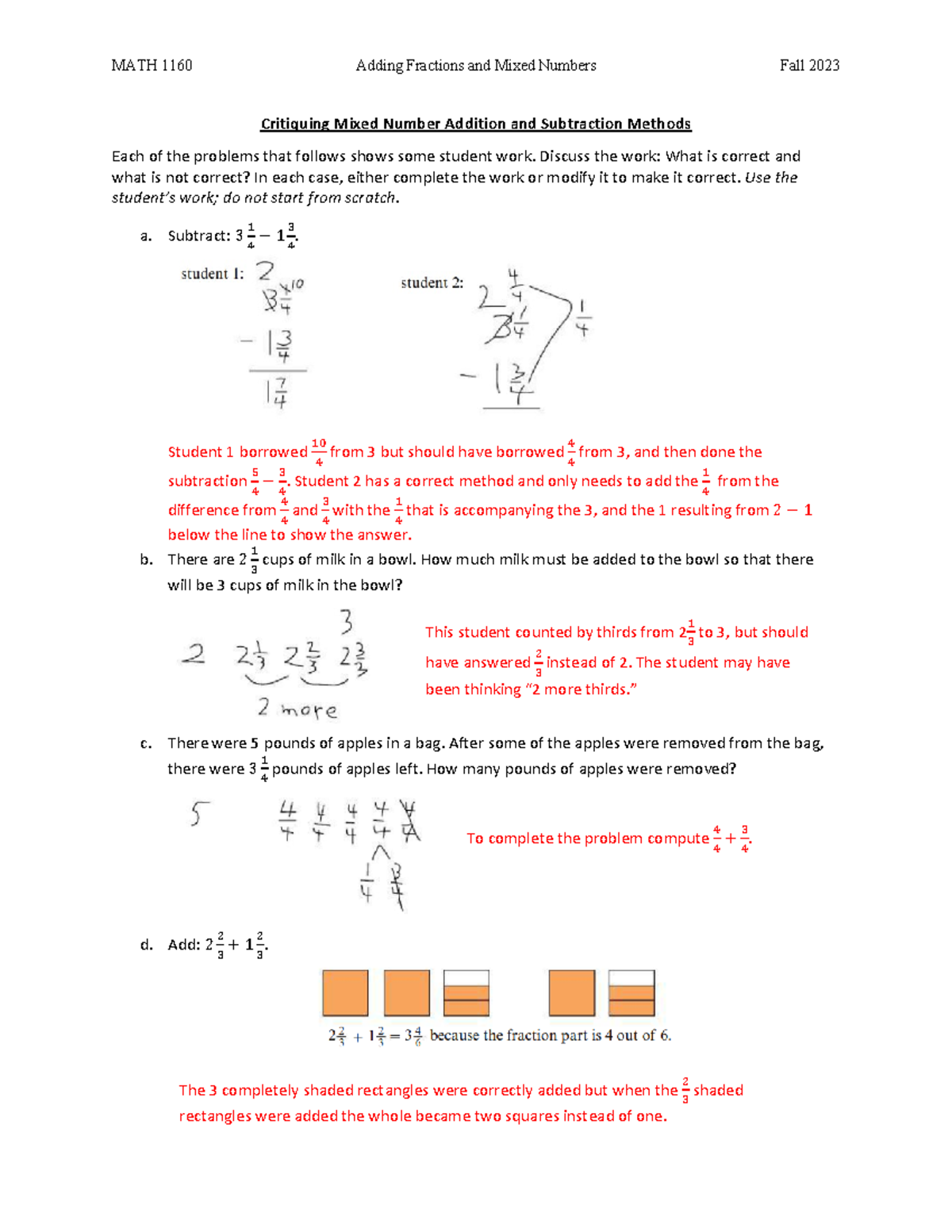 Adding fractions (activity solution) - MATH 1160 Adding Fractions and ...