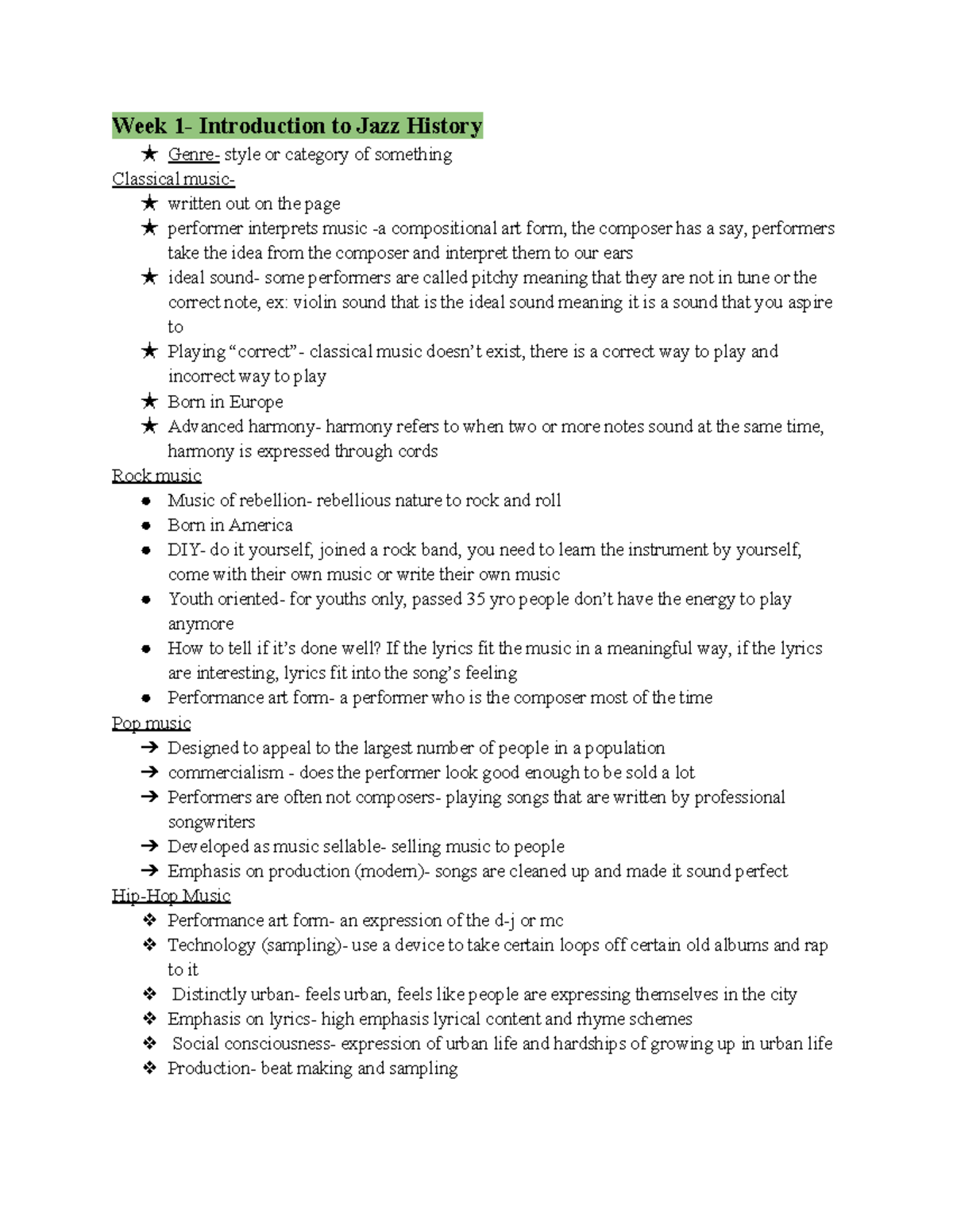 Mus 114 Lecture Notes - Week 1- Introduction to Jazz History ★ Genre ...
