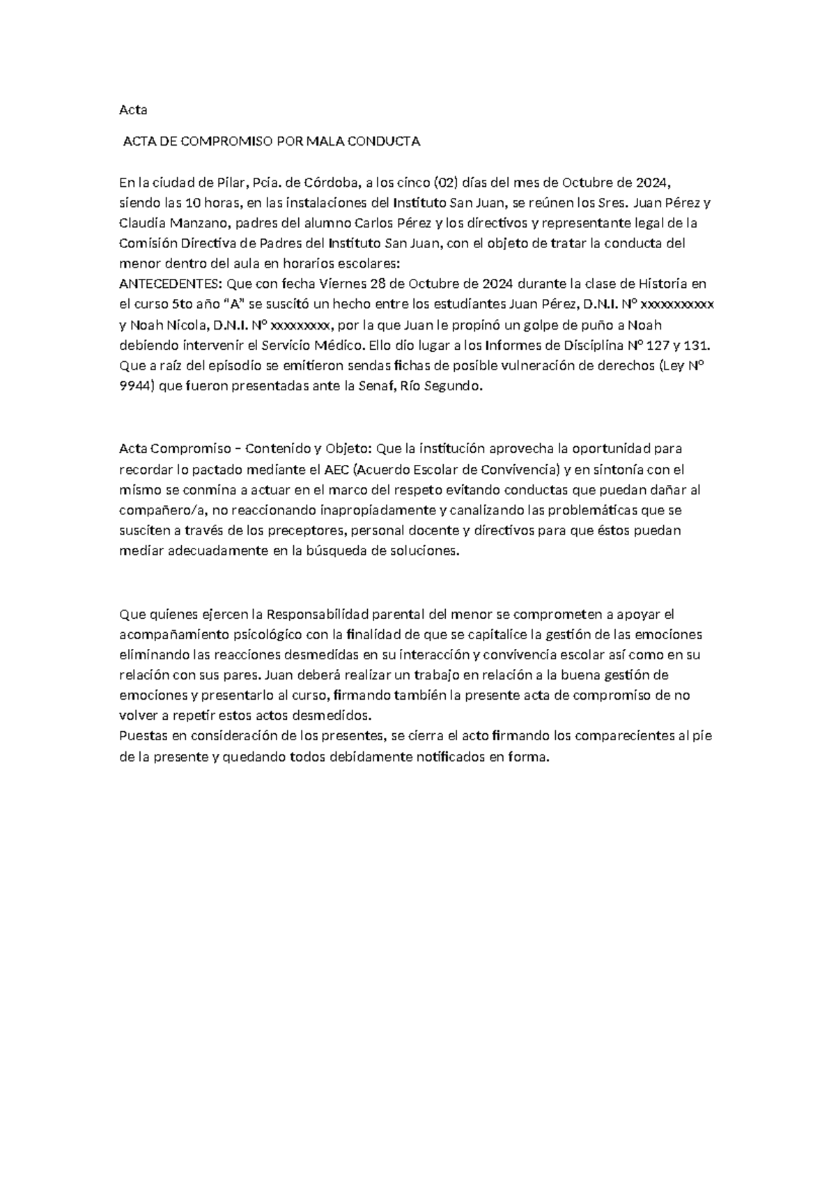 Actas modelos educativo - Acta ACTA DE COMPROMISO POR MALA CONDUCTA En ...