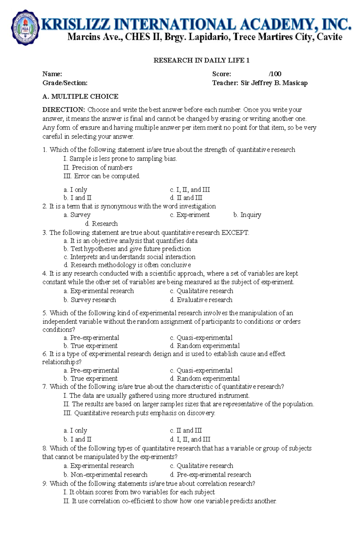 research exam preliminary - RESEARCH IN DAILY LIFE 1 Name: Score ...