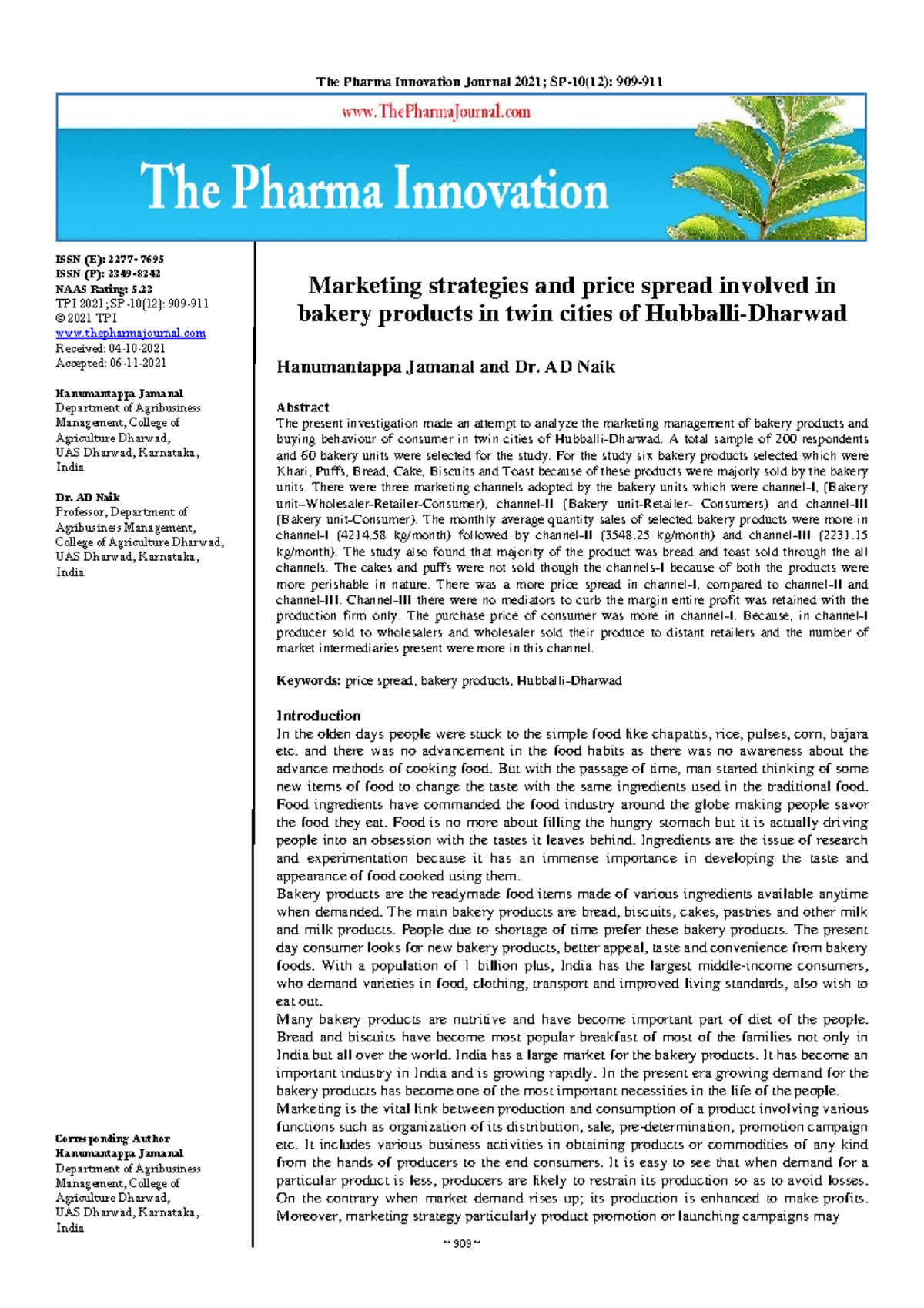 S 10 12 105 604 - bkj - ~ 909 ~ The Pharma Innovation Journal 2021 ; SP ...