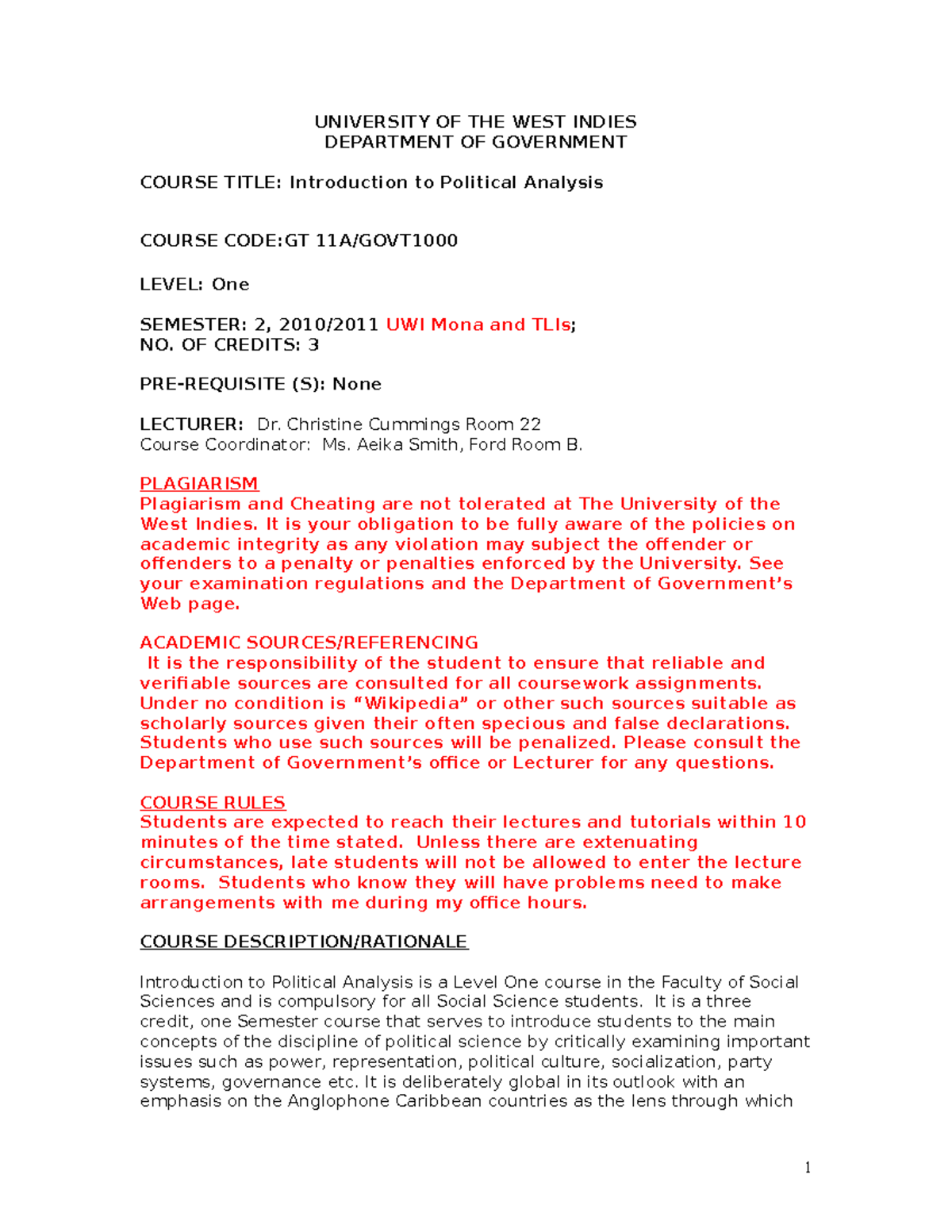 GOVT1000 course outline and tutorial sheet 2011 - UNIVERSITY OF THE ...