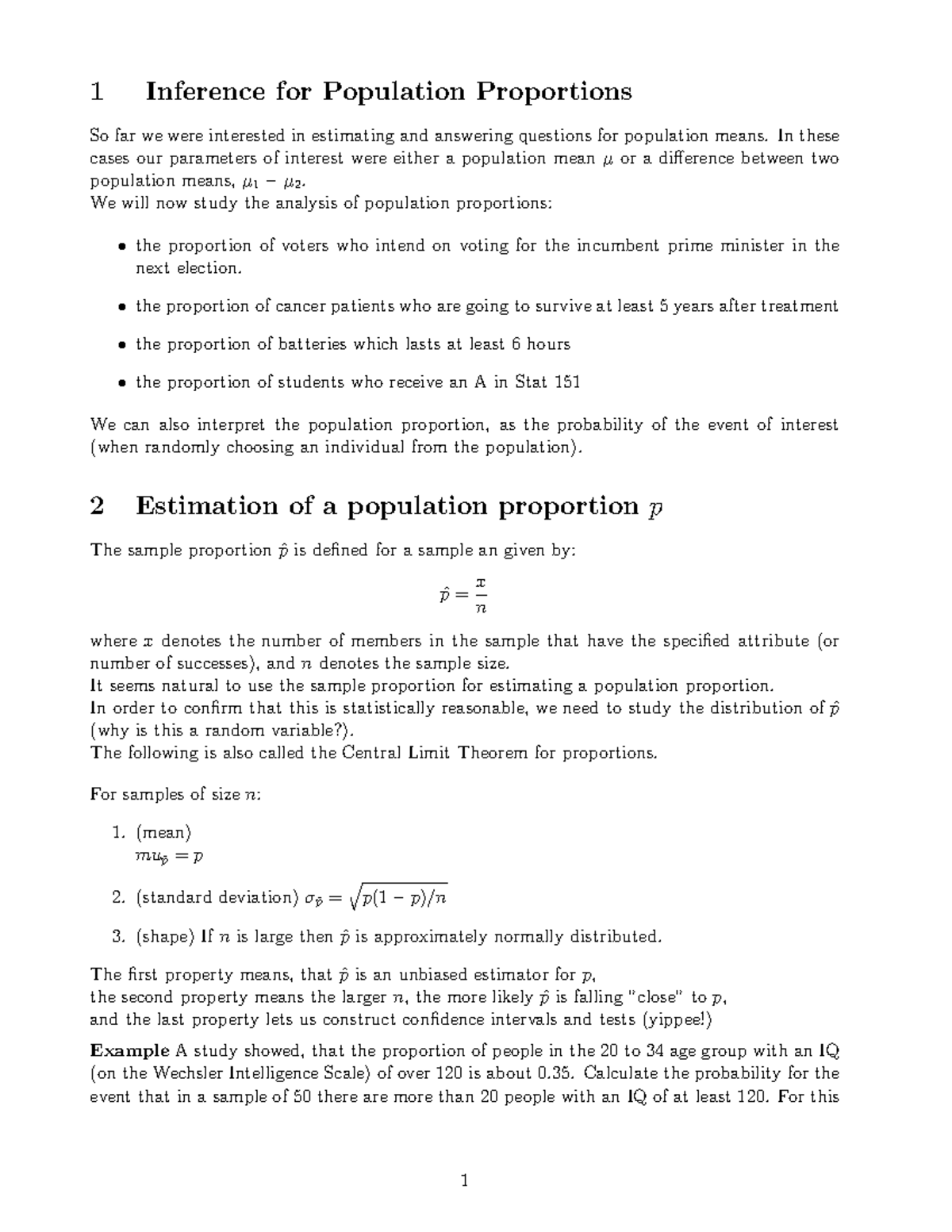 Inference for population proportions - In these cases our parameters of ...