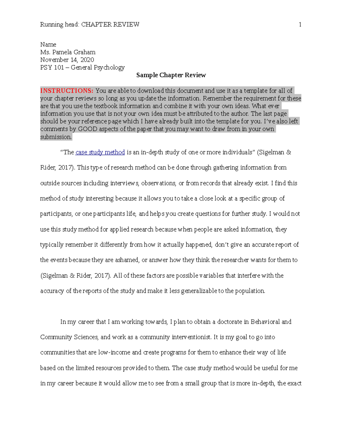 Sample Chapter Review - Running head: CHAPTER REVIEW 1 Name Ms. Pamela ...